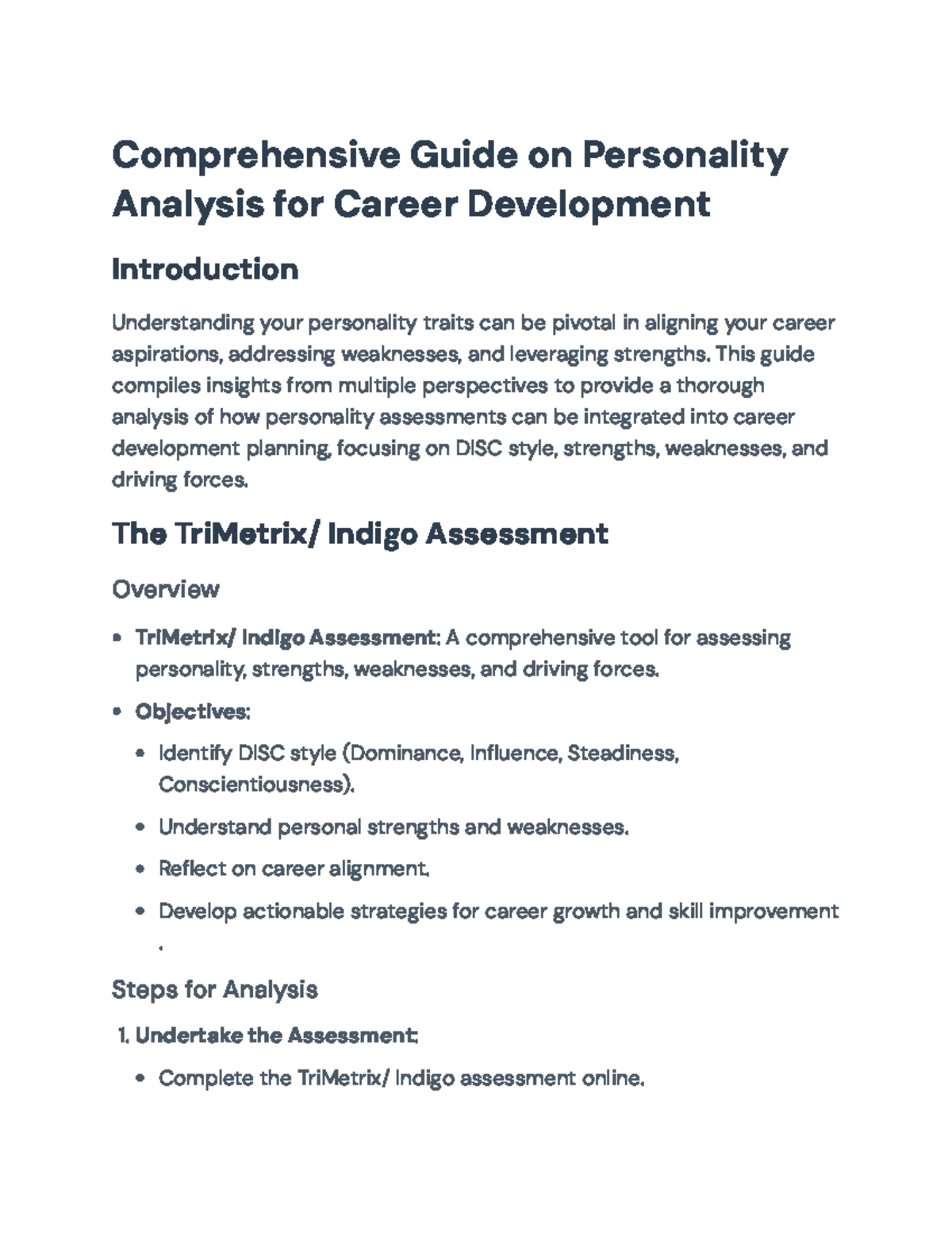 TriMetrix/Indigo Personality Assessment Guide for Career Development ...