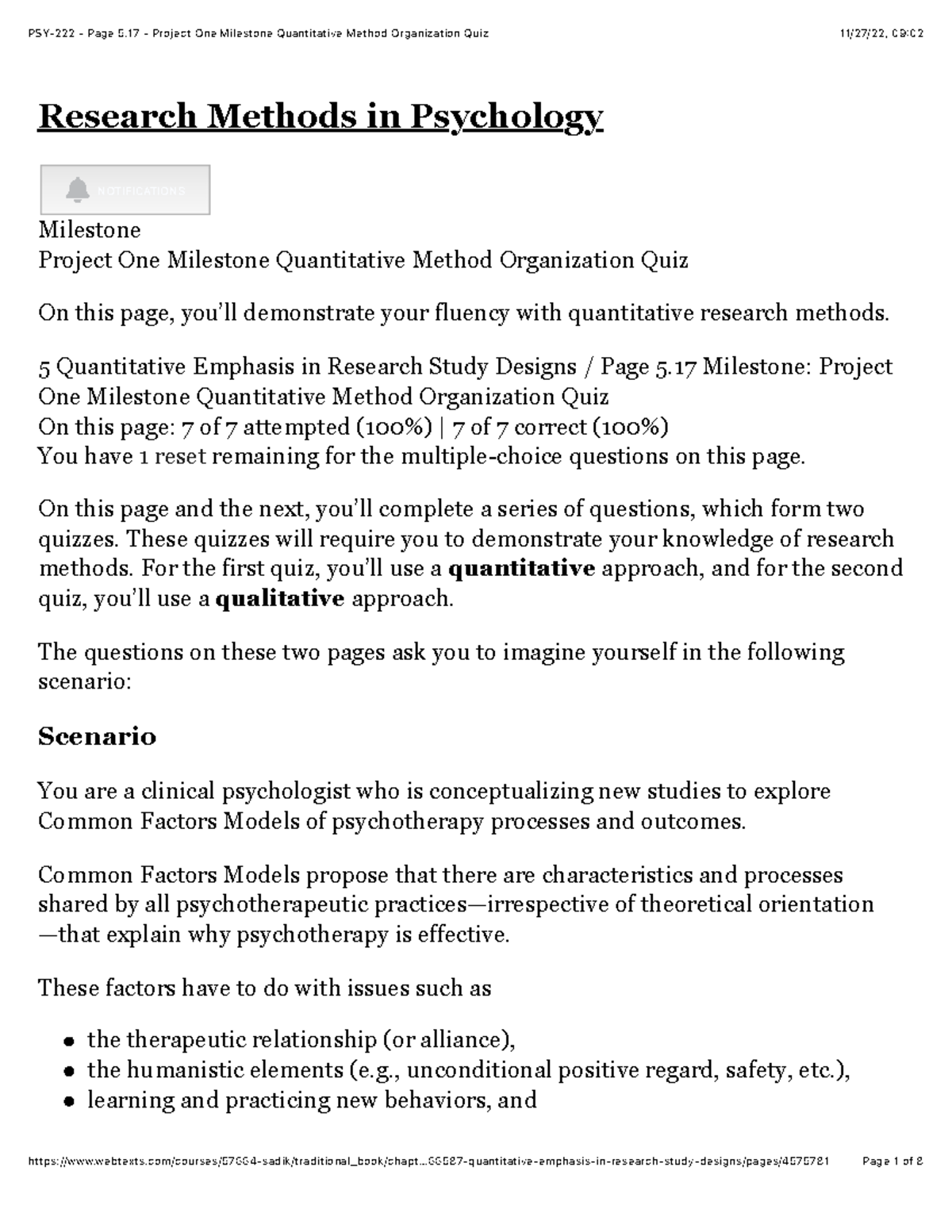 PSY-222 - Project One Milestone Quiz on Quantitative Methods - Studocu