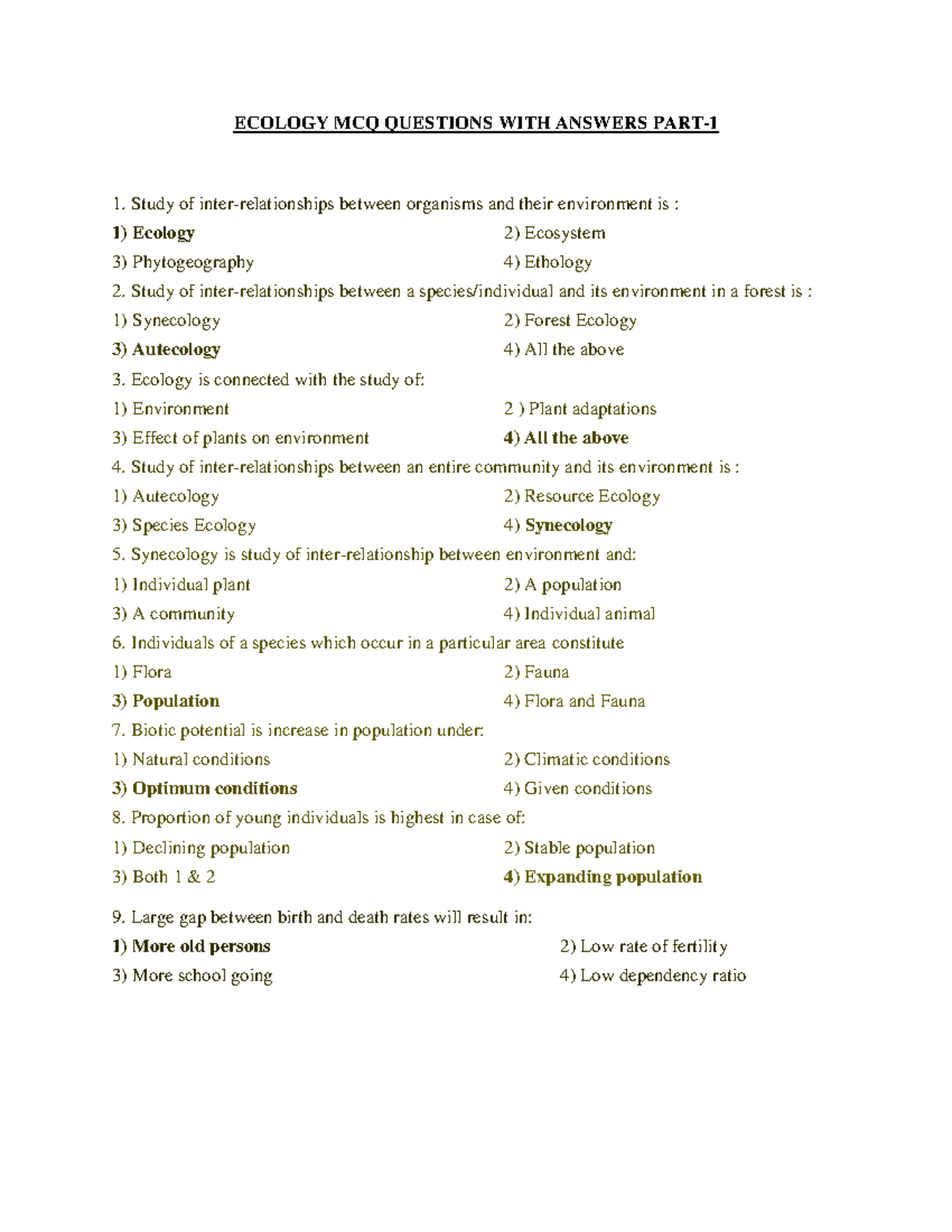 Ecology Practice Questions WITH Answers 1 - ECOLOGY MCQ QUESTIONS WITH ...