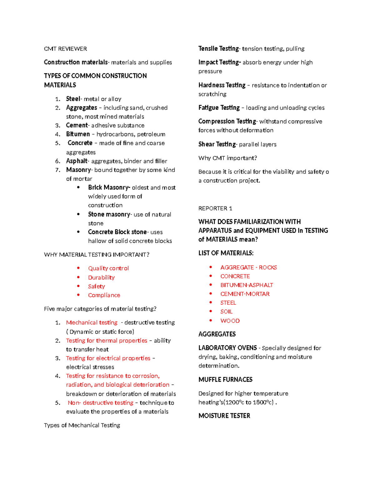 CMT 101: Comprehensive Reviewer on Construction Material Testing - Studocu