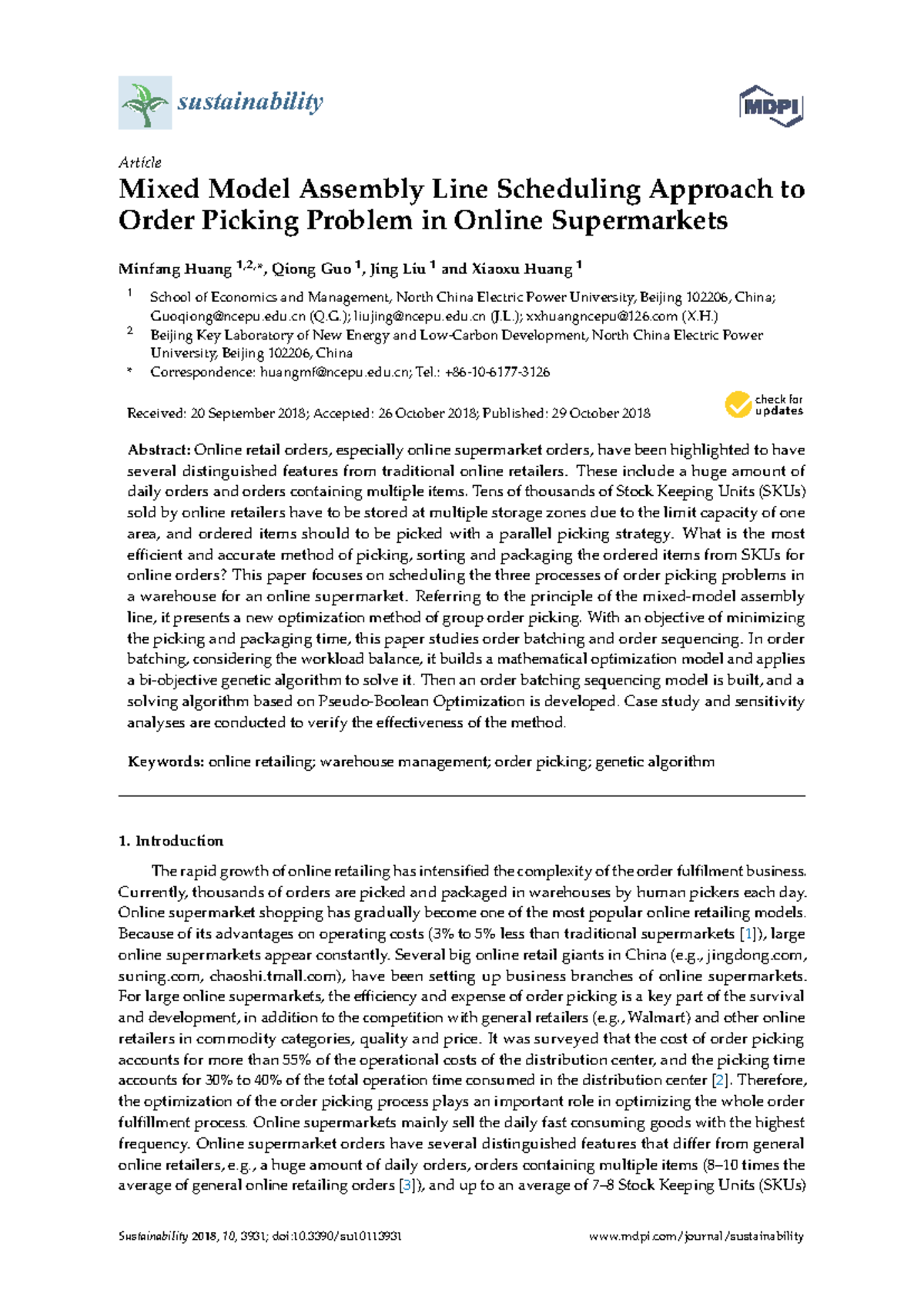Sustainability 2018: Mixed Model Assembly Line Scheduling for Online ...