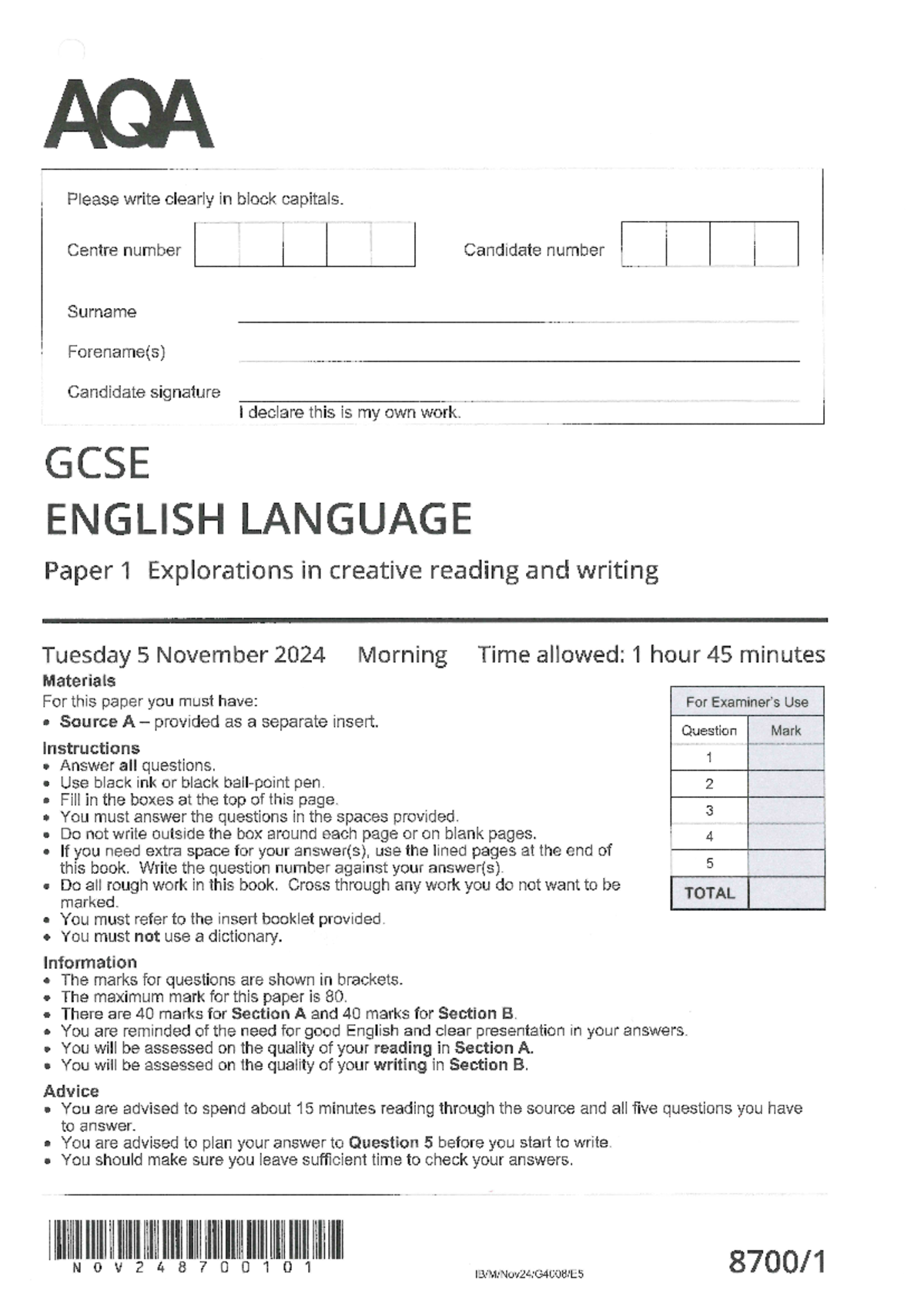 GCSE ENGLISH LANGUAGE Paper 1 Nov 2024 - Question Paper Overview - Studocu