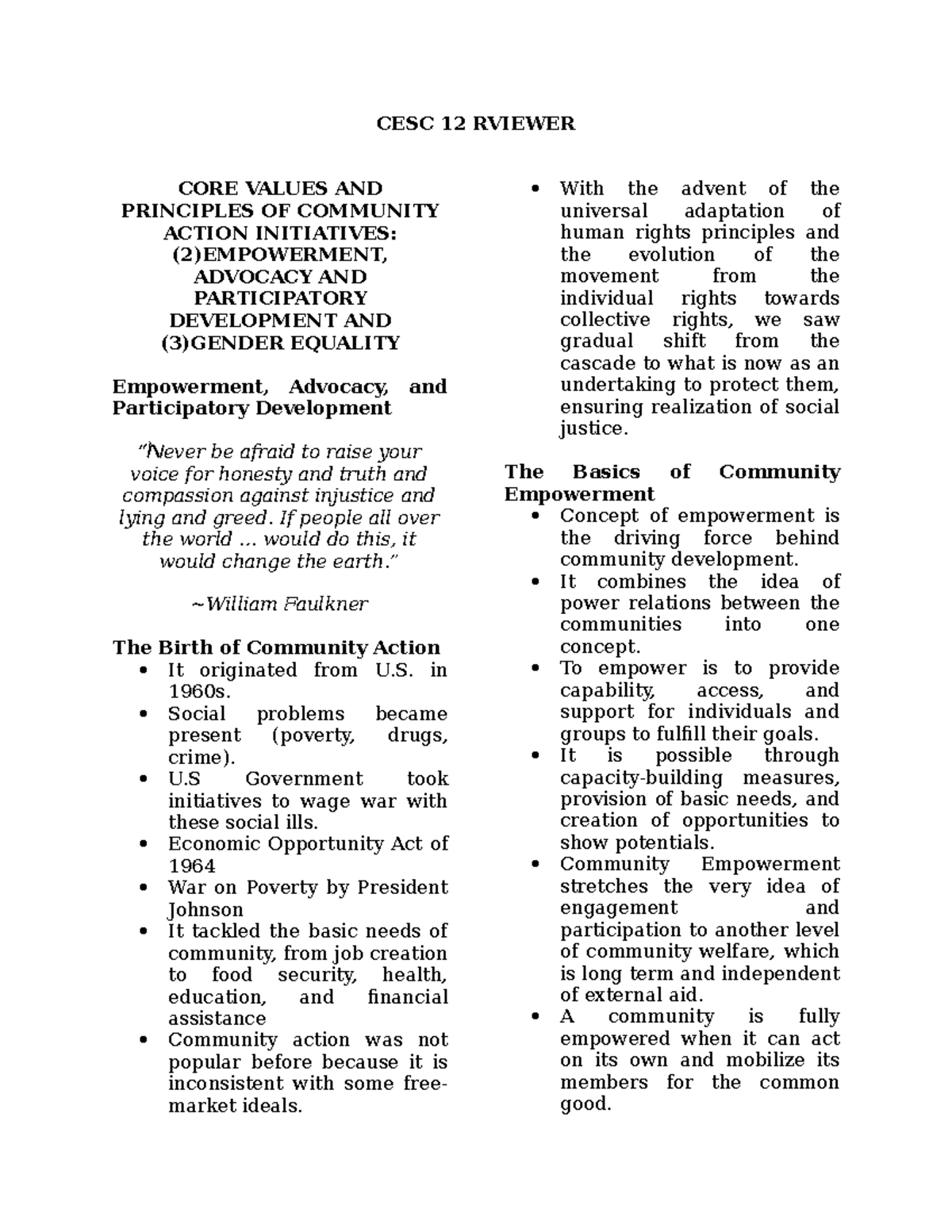 CESC 12 Reviewer: Core Values & Principles of Community Action ...