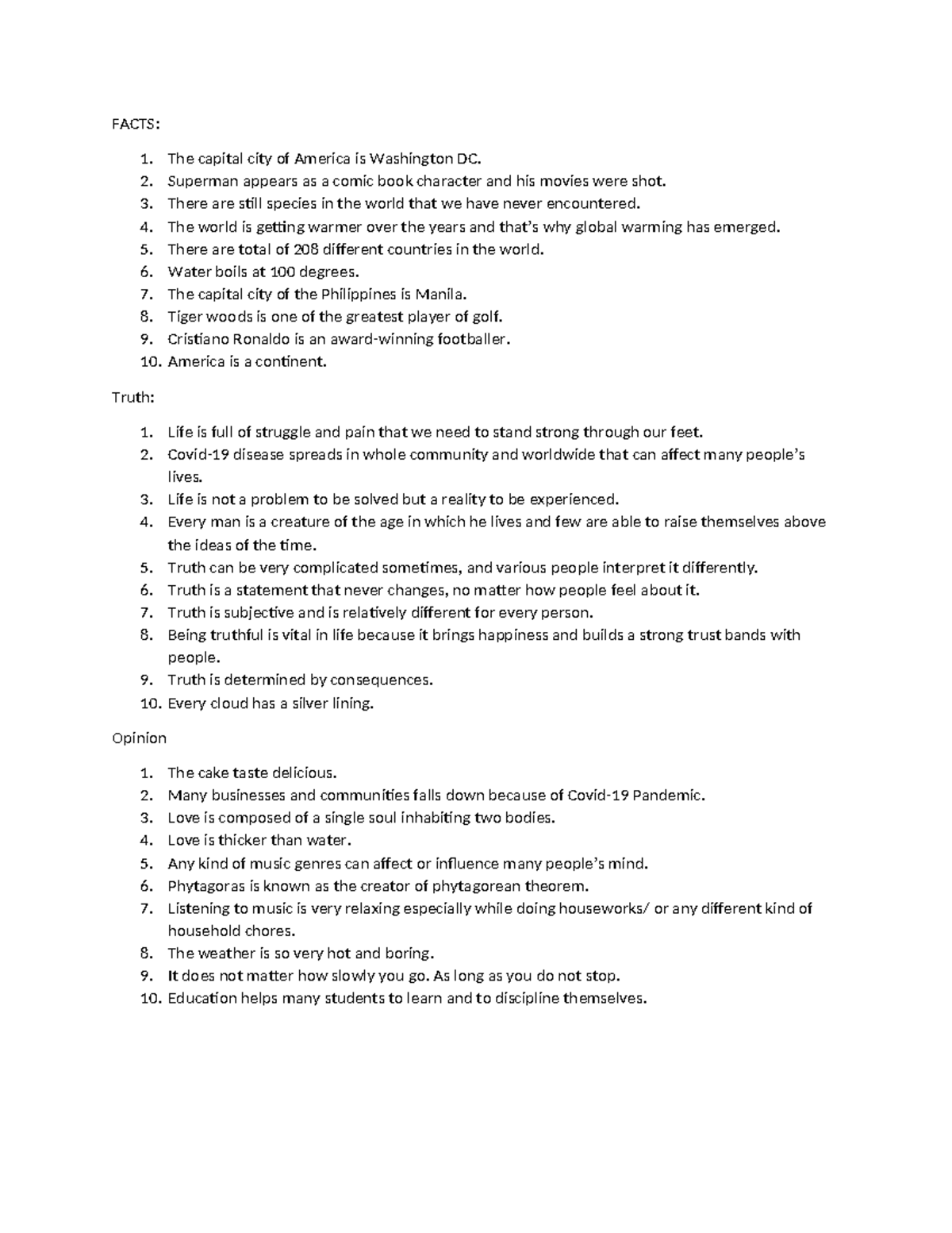 Activity No. 4: Exploring Facts, Truths, and Opinions in Philosophy ...