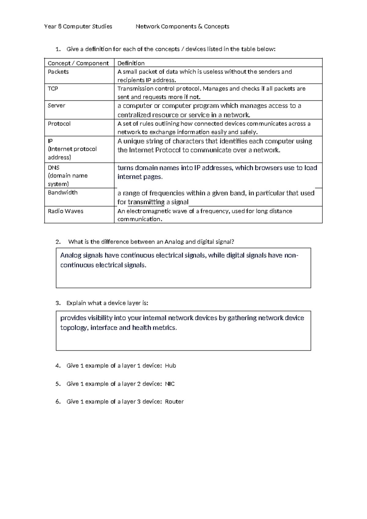 Year 8 Computer Studies: Network Components & Concepts Worksheet - Studocu