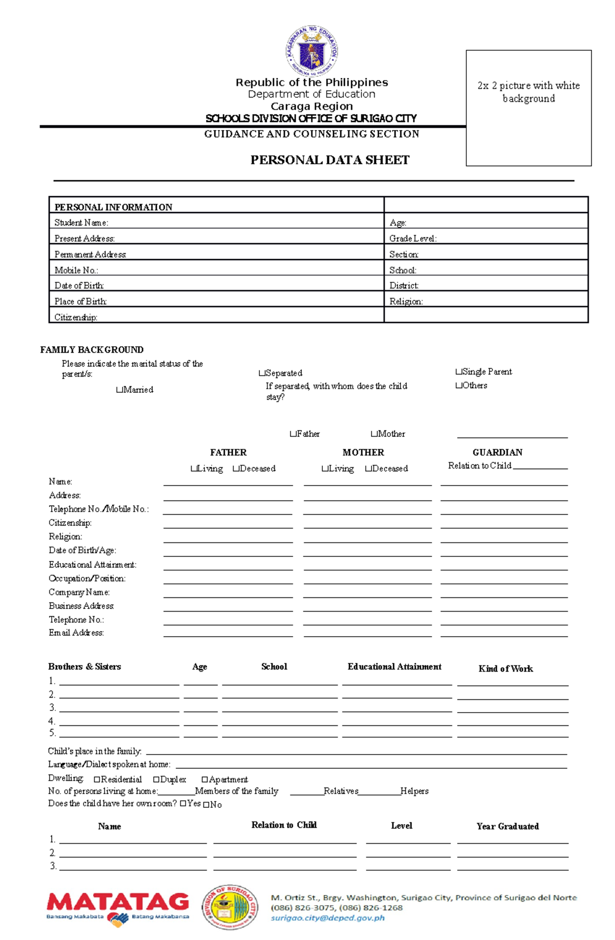 Student personal data sheet 1 - Republic of the Philippines Department of Education Caraga ...