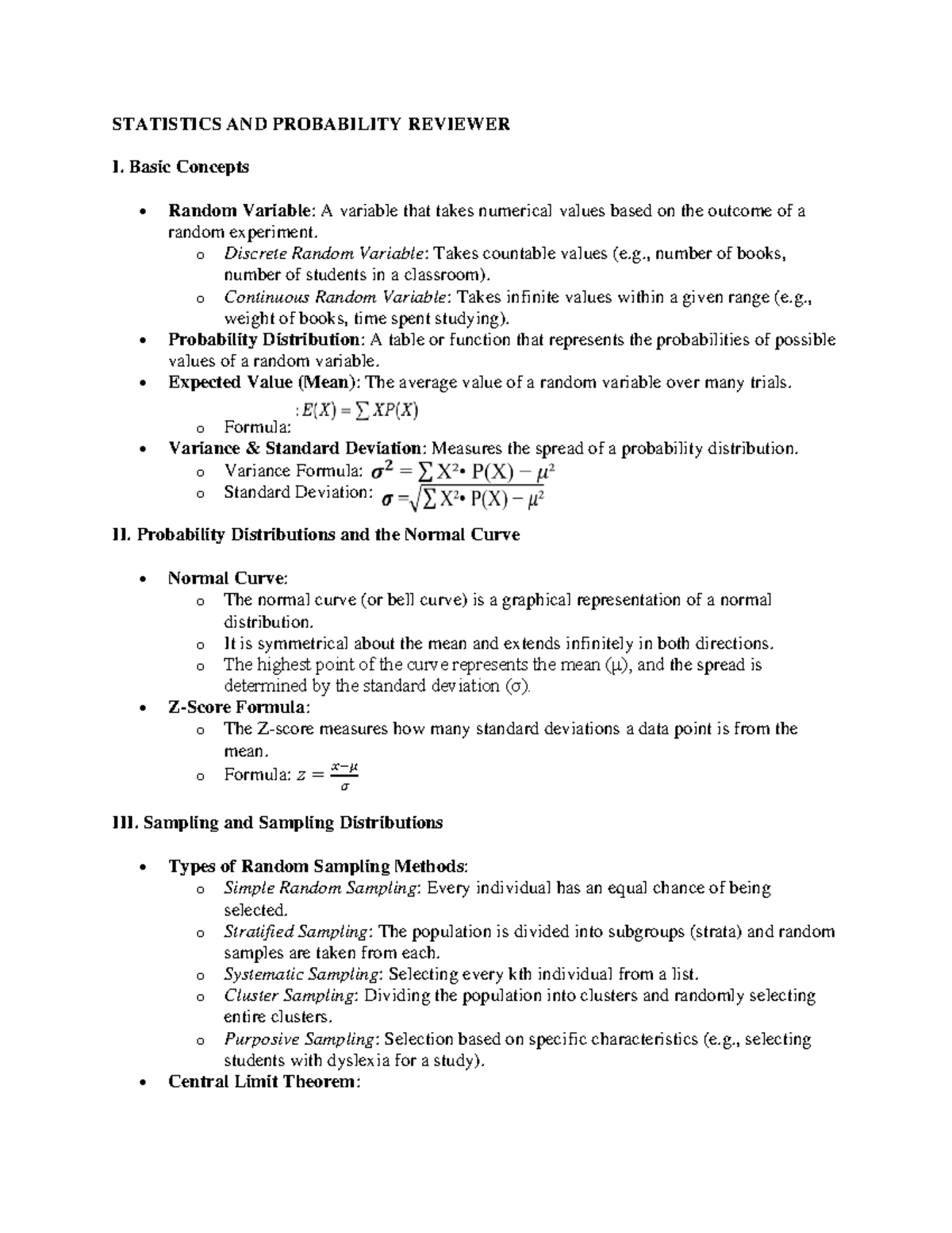 Q3 Statistics & Probability Reviewer: Key Concepts & Formulas - Studocu