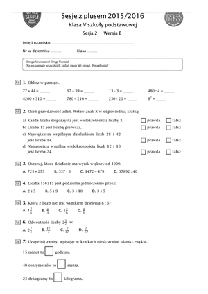 Sesja Z Plusem Kl 5 Wersja B Matematyka Studocu