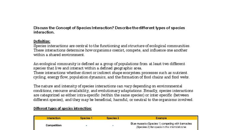 Species Interaction: Types and Ecological Importance - Studocu
