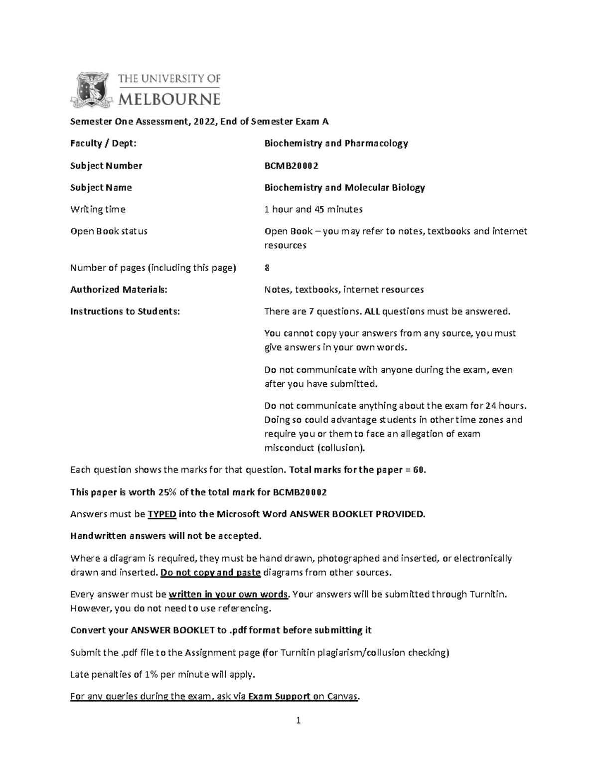 Questions BCMB2000 2 Sem1 2022 Exam Final - Semester One Assessment, 20 ...