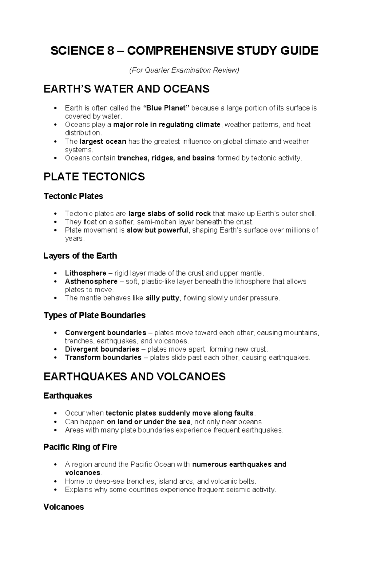 SCIENCE 8 FINAL EXAM STUDY GUIDE: WATER, OCEANS & PLATE TECTONICS - Studocu
