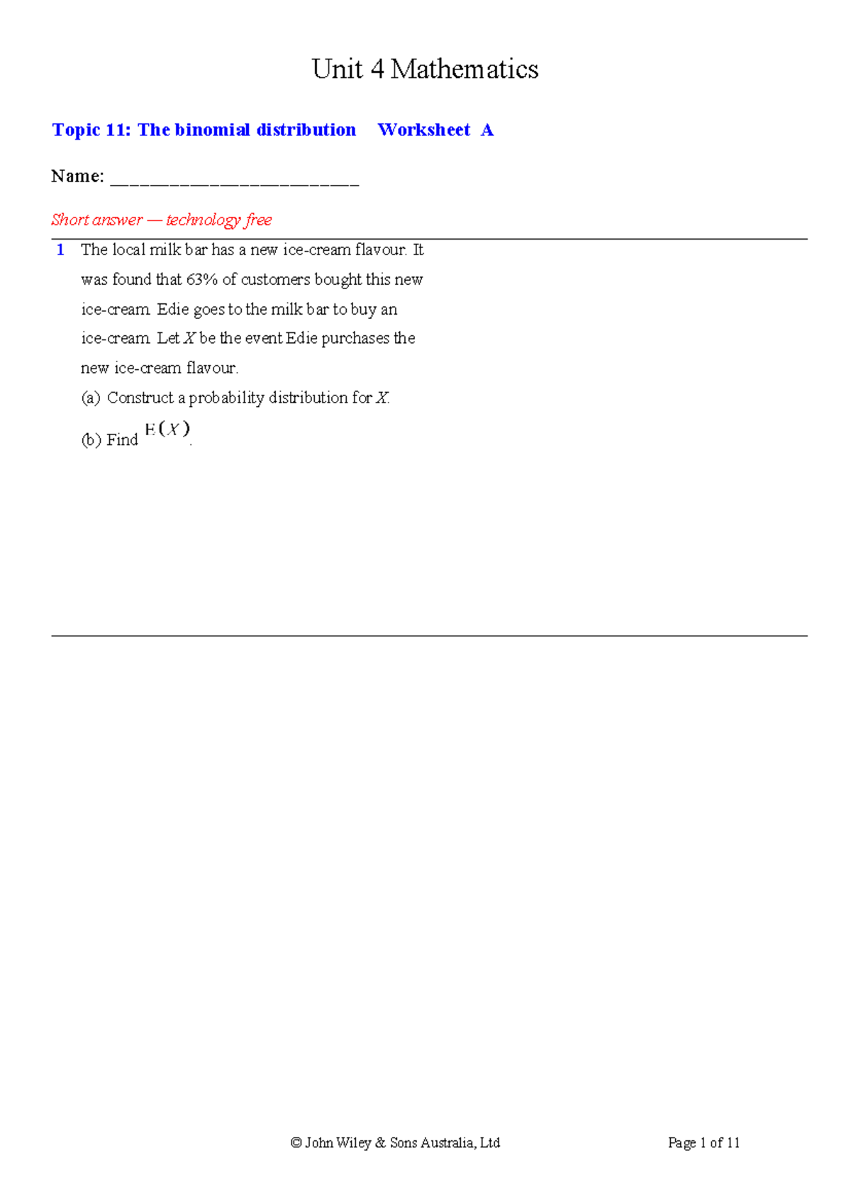 Unit 4 Mathematics Topic 11: Binomial Distribution Test A Questions ...