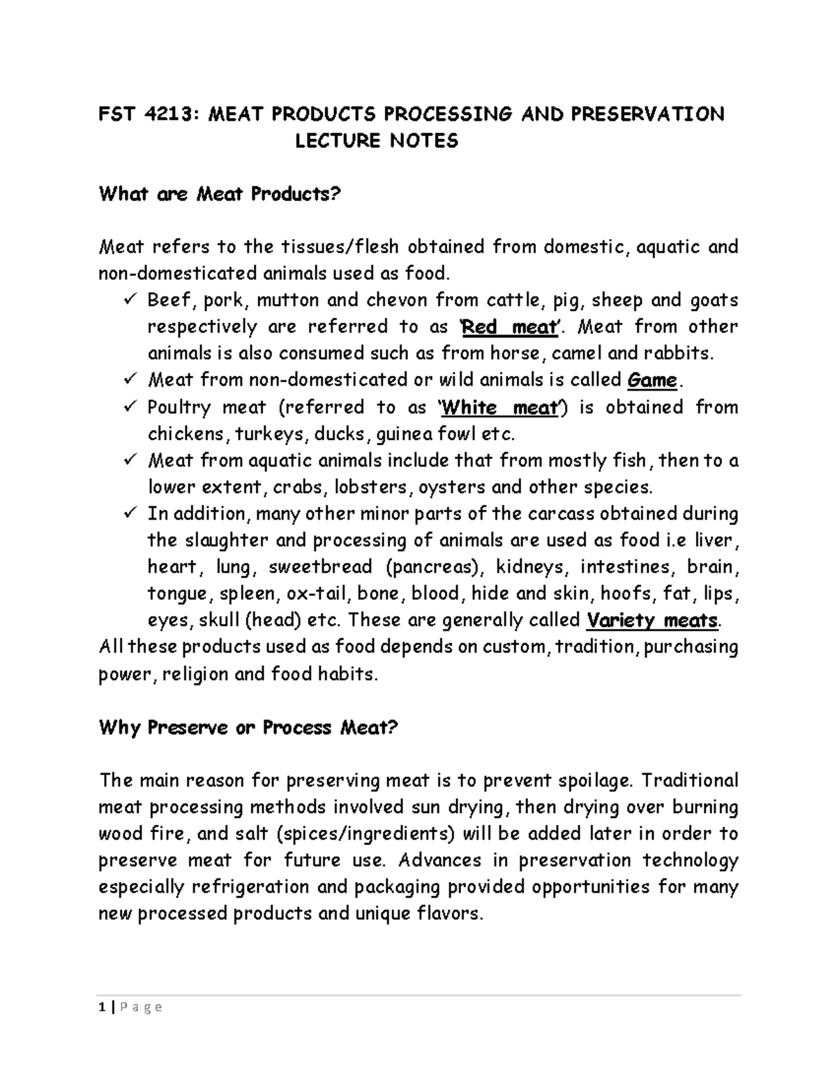 FST 4213: Comprehensive Lecture Notes on Meat Products Processing - Studocu
