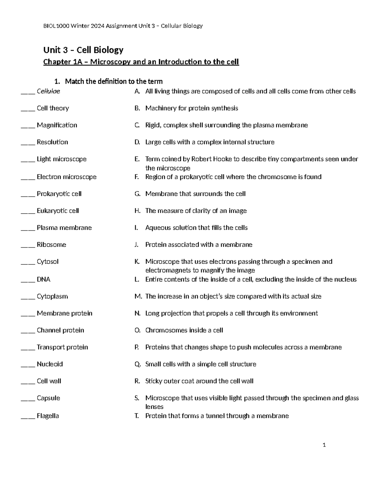 Winter 2024 Assignment Unit 3: Cellular Biology Practice Questions ...