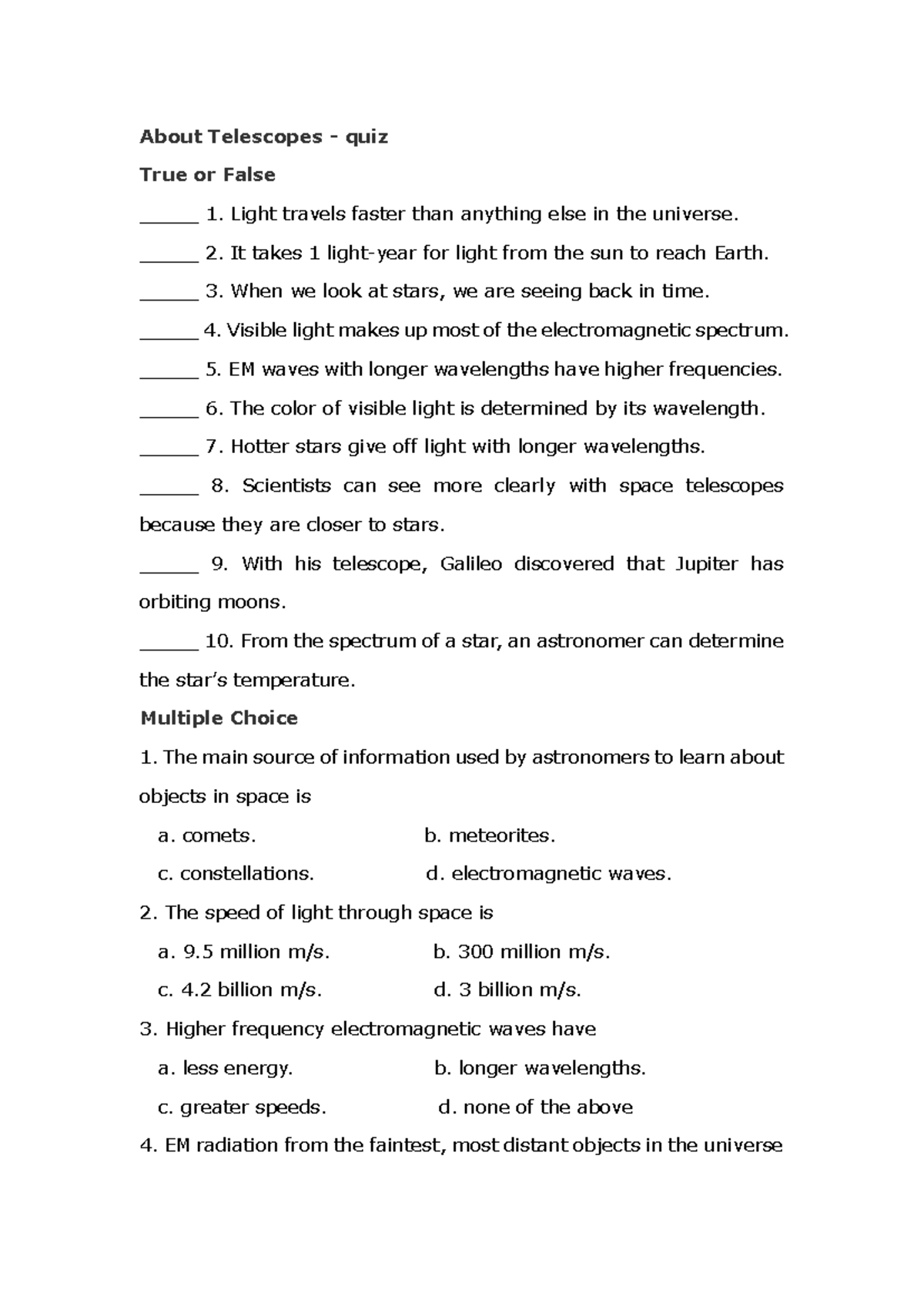 Telescopes Quiz: True/False & MC Questions on Light & Astronomy - Studocu
