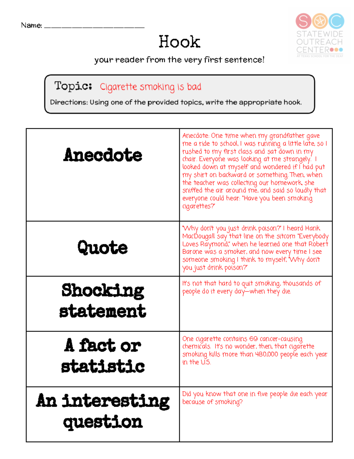 Hook Worksheet - Engaging Writing Techniques Example - Studocu