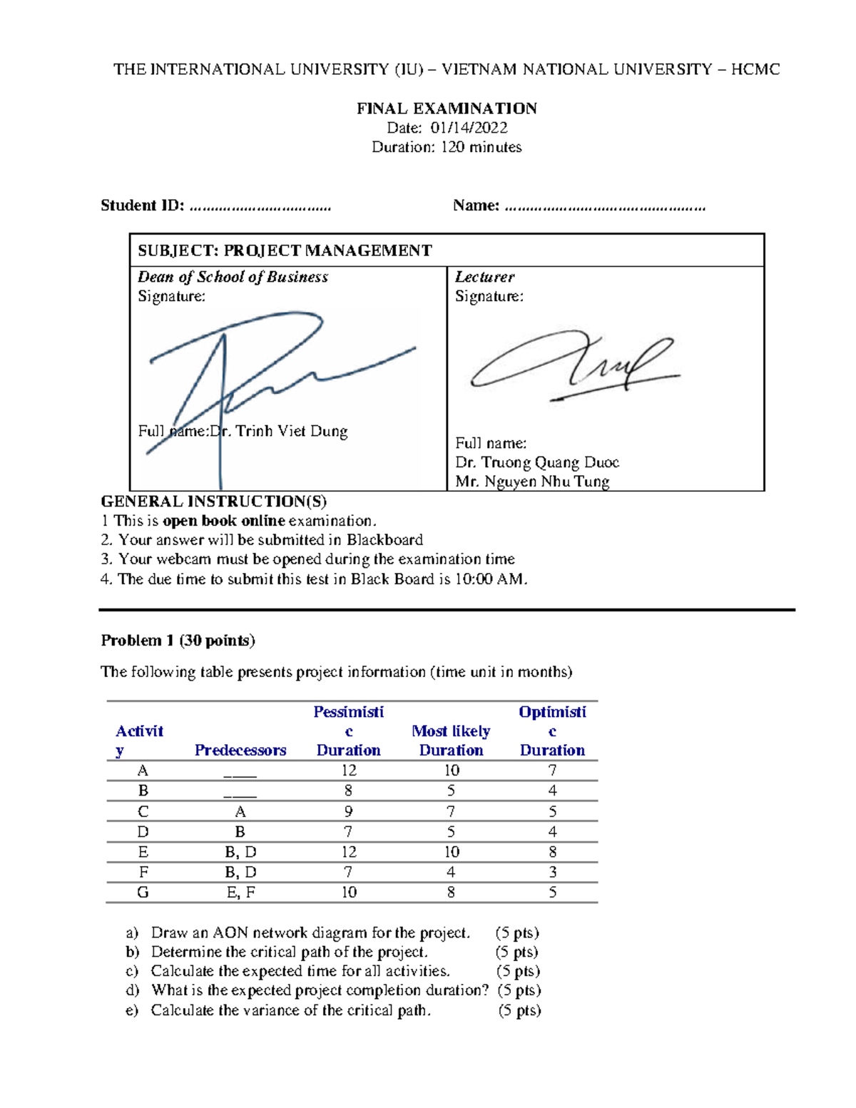 PM 101: Project Management Final Exam - IU Vietnam National University ...