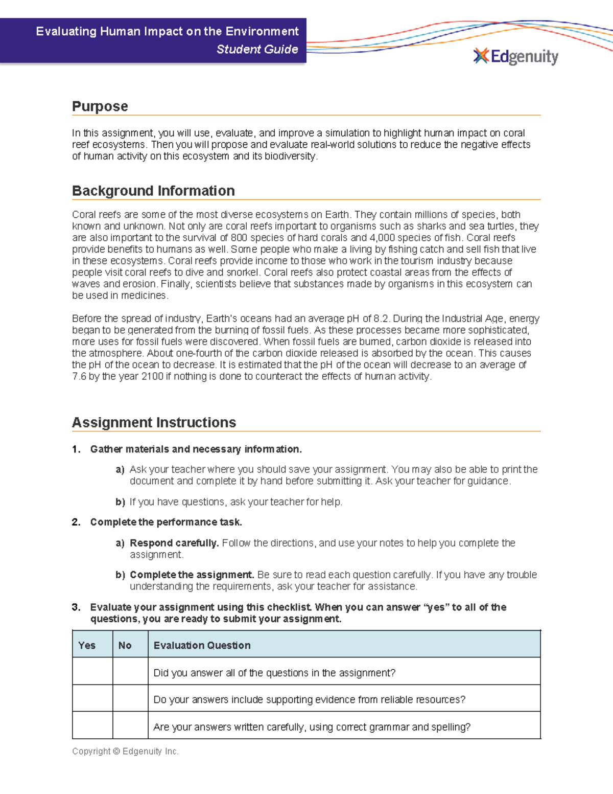 Evaluating Human Impact on Coral Reefs: Student Guide for Assignment ...