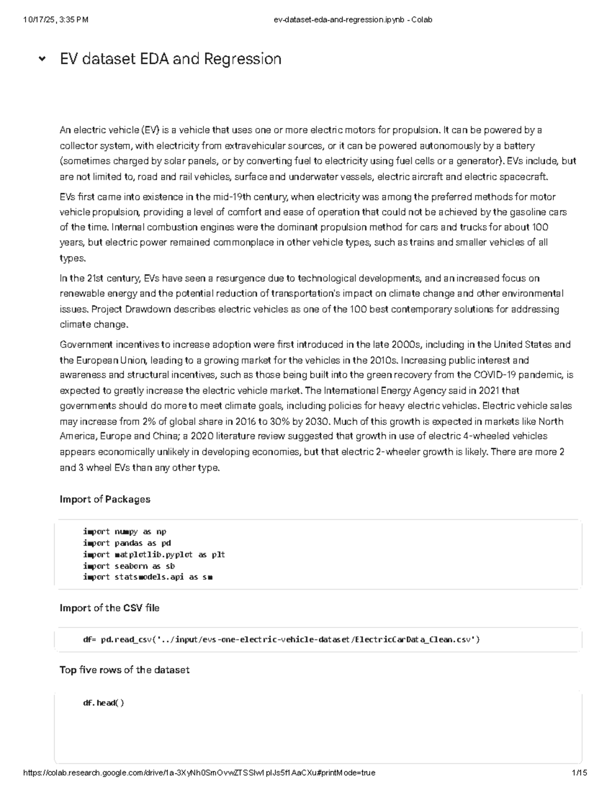 EV Dataset EDA & Regression Analysis (Course Code: 3:35 PM) - Studocu