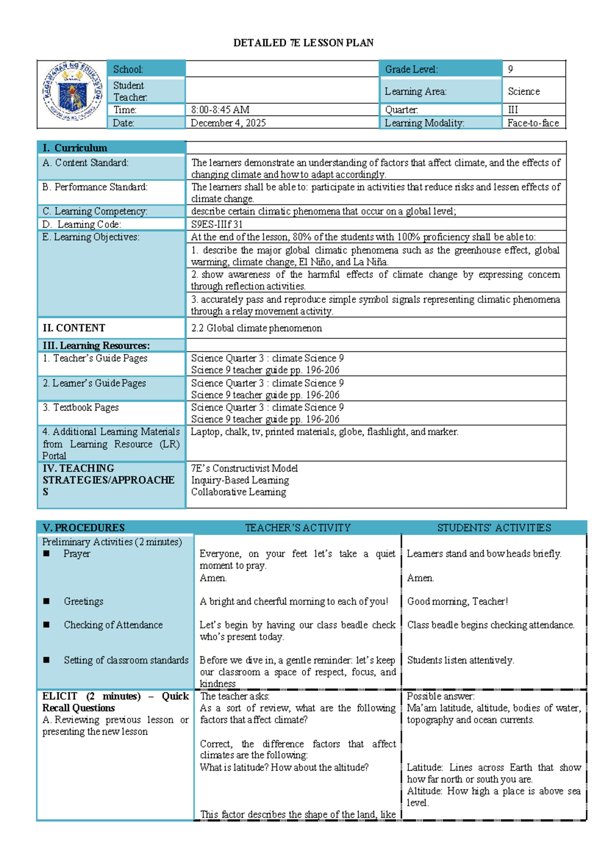 Climate Science 9: Detailed Lesson Plan on Climatic Phenomena - Studocu