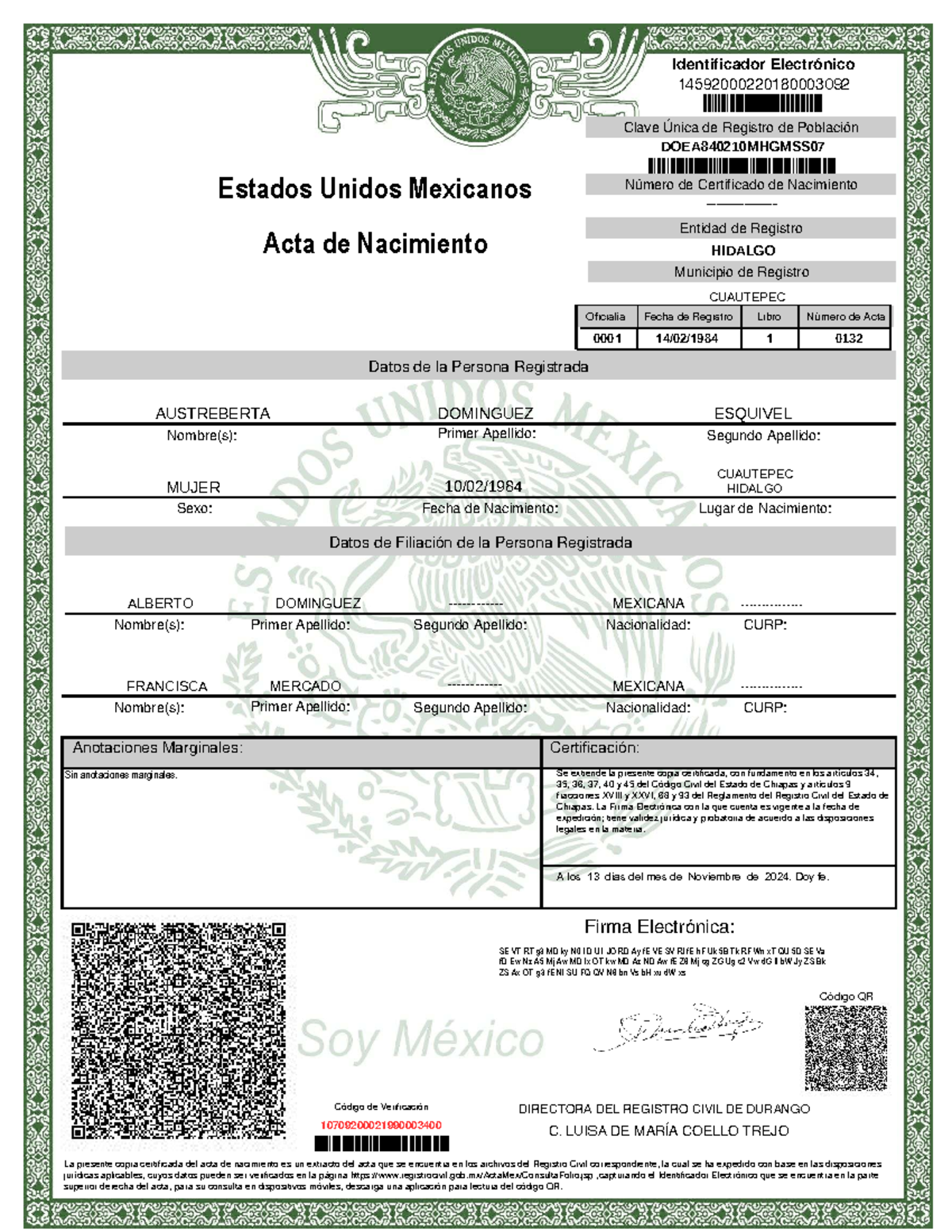 Acta de Nacimiento - AUSTREBERTA DOMINGUEZ - CUAUTEPEC - Studocu