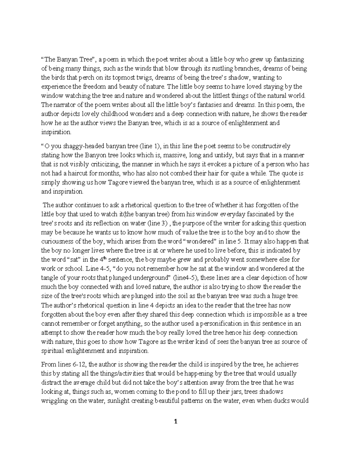 English essay on the poem "Banyan" by Rabindranath Tagore - Studocu