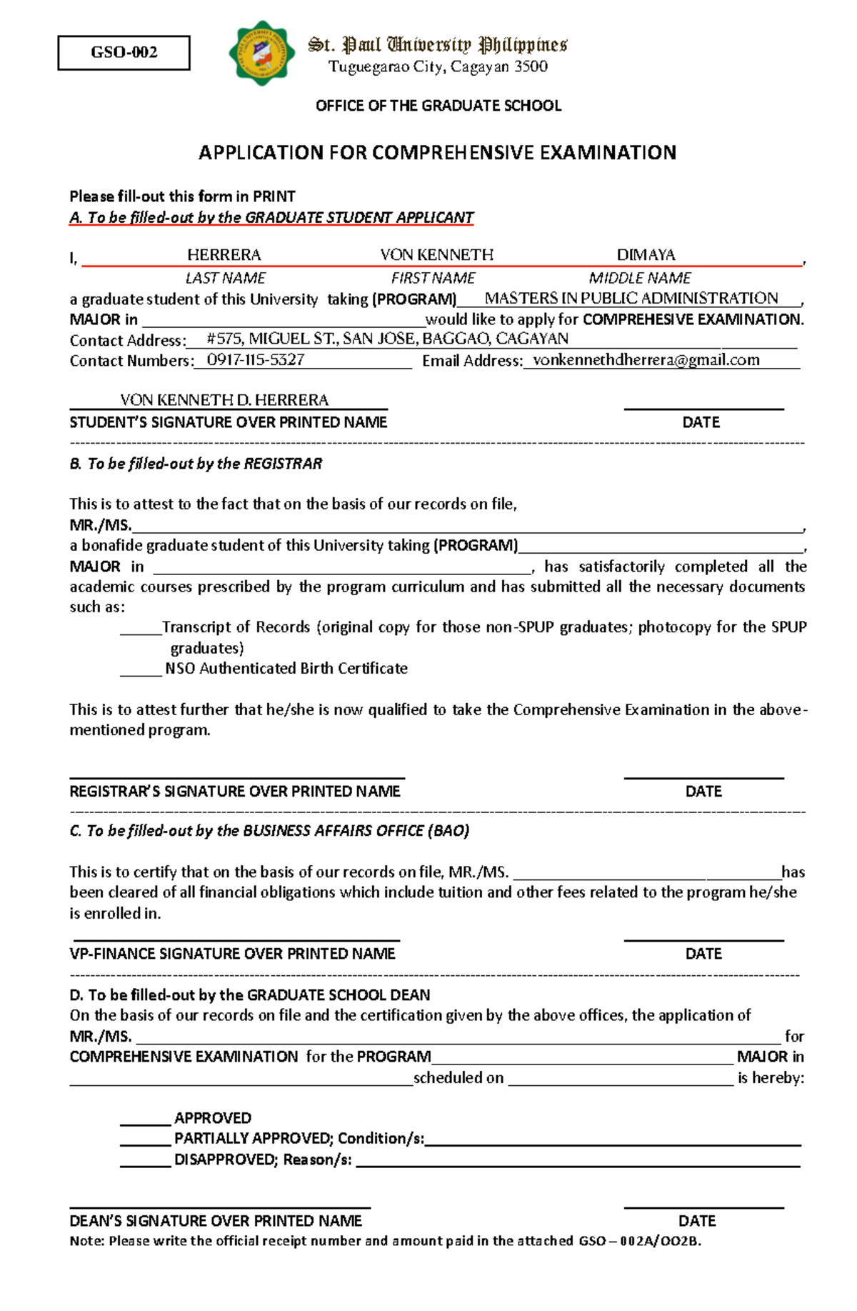 GS-Comprehensive Exam Application Form for Graduate Students - Studocu