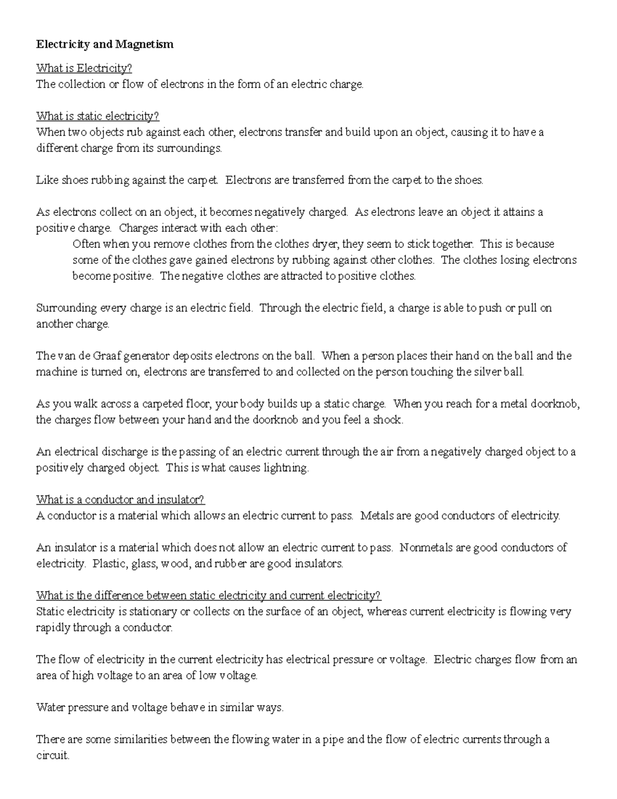 Physical Science Electricity and Magnetism - Electricity and Magnetism ...