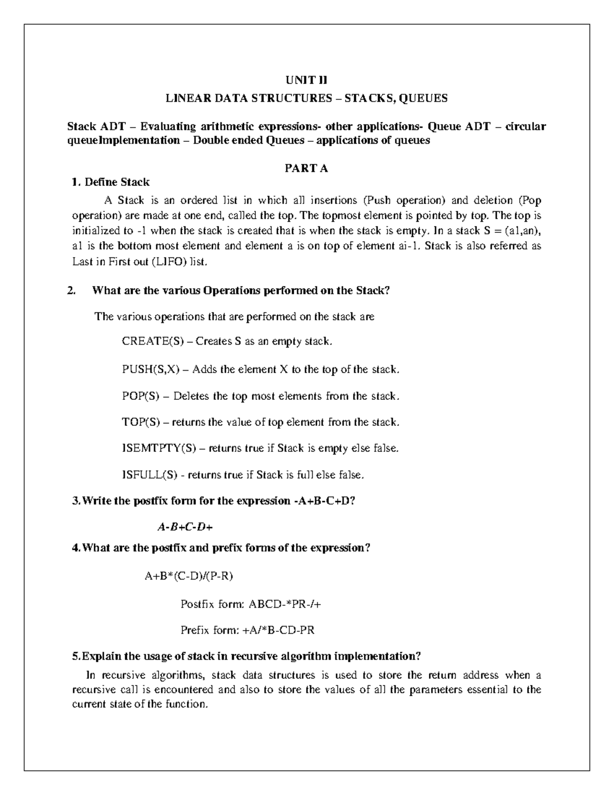 UNIT II: Linear Data Structures - Stacks & Queues Overview - Studocu