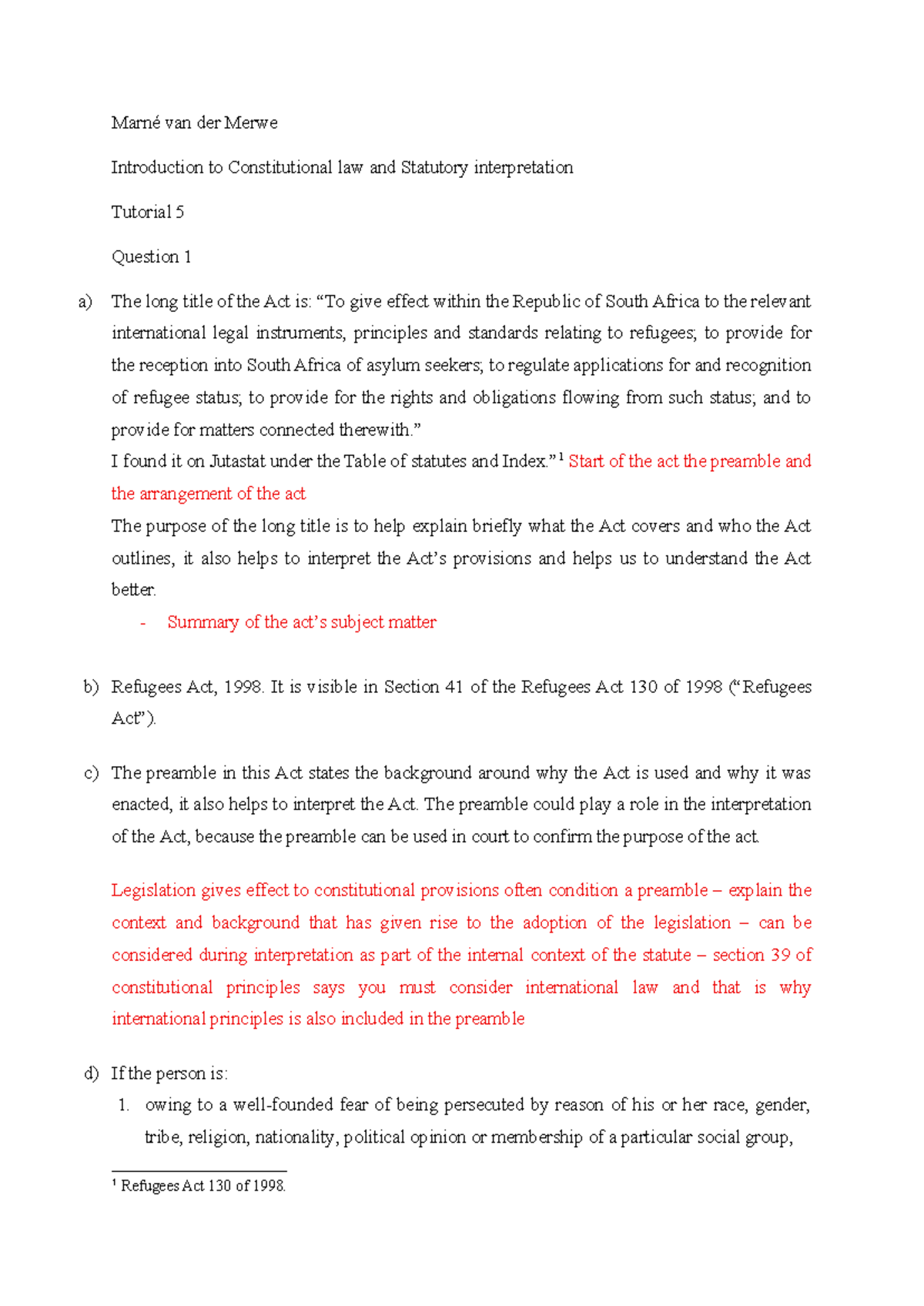 Conlaw 130 - Tutorial 5: Analysis of the Refugees Act 1998 - Studocu