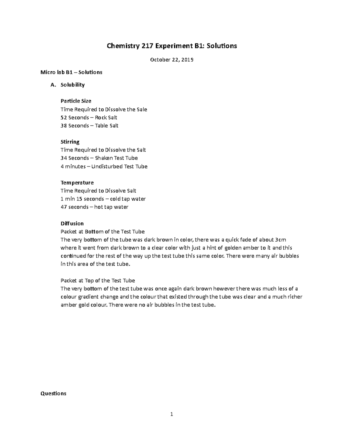 Chemistry 217 Lab Report: Experiment B1 - Solutions Analysis - Studocu