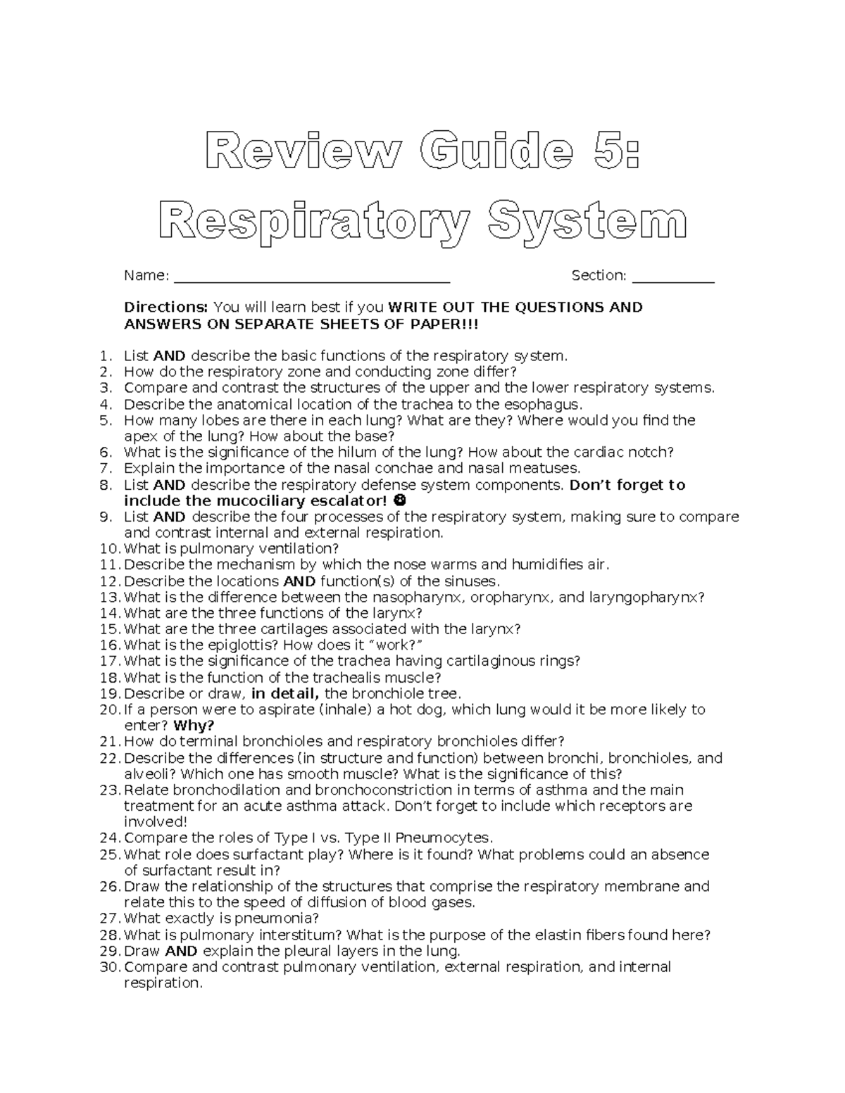 5 Respiratory System Review Guide: Key Concepts and Questions - Studocu
