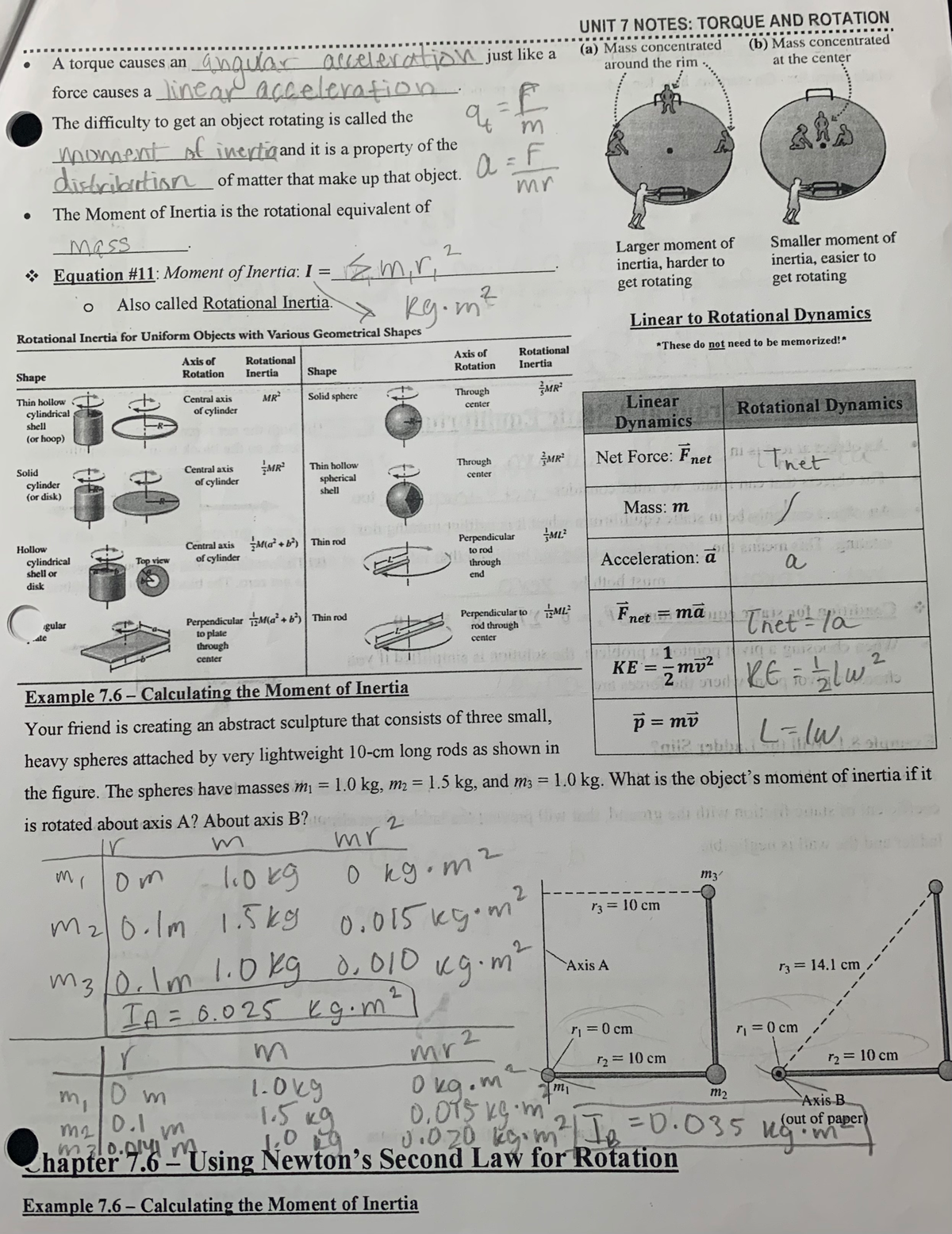 Unit 7: Torque and Rotation Notes on Moment of Inertia Concepts - Studocu