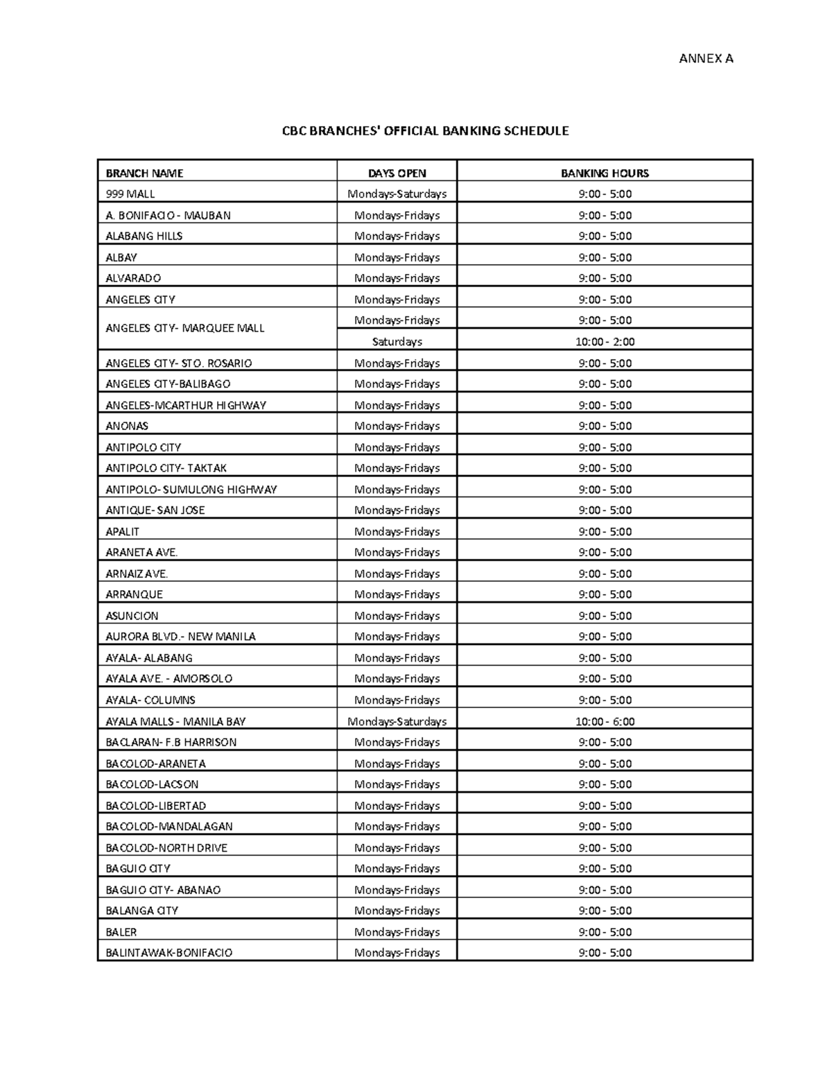 CBC Branches Regular Banking Schedule - Updated Timings and Locations - Studocu