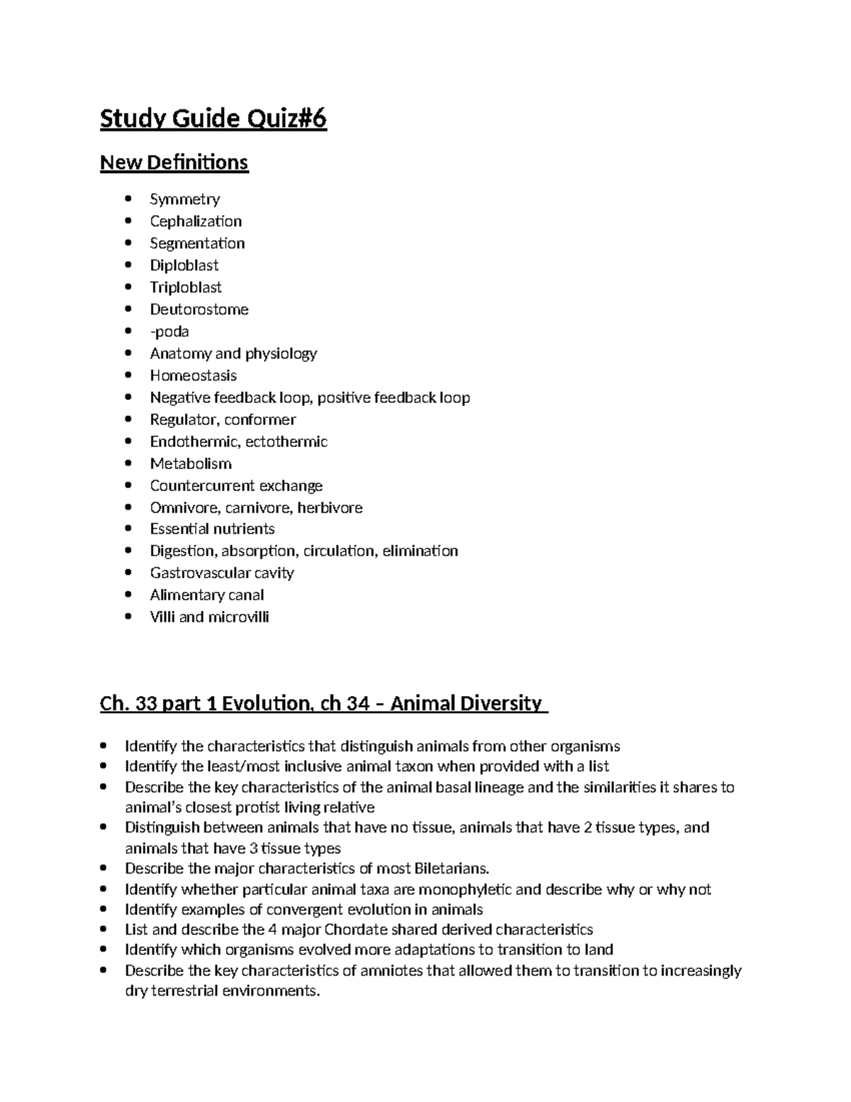 Study Guide Quiz #6: Animal Evolution, Diversity & Physiology - Studocu