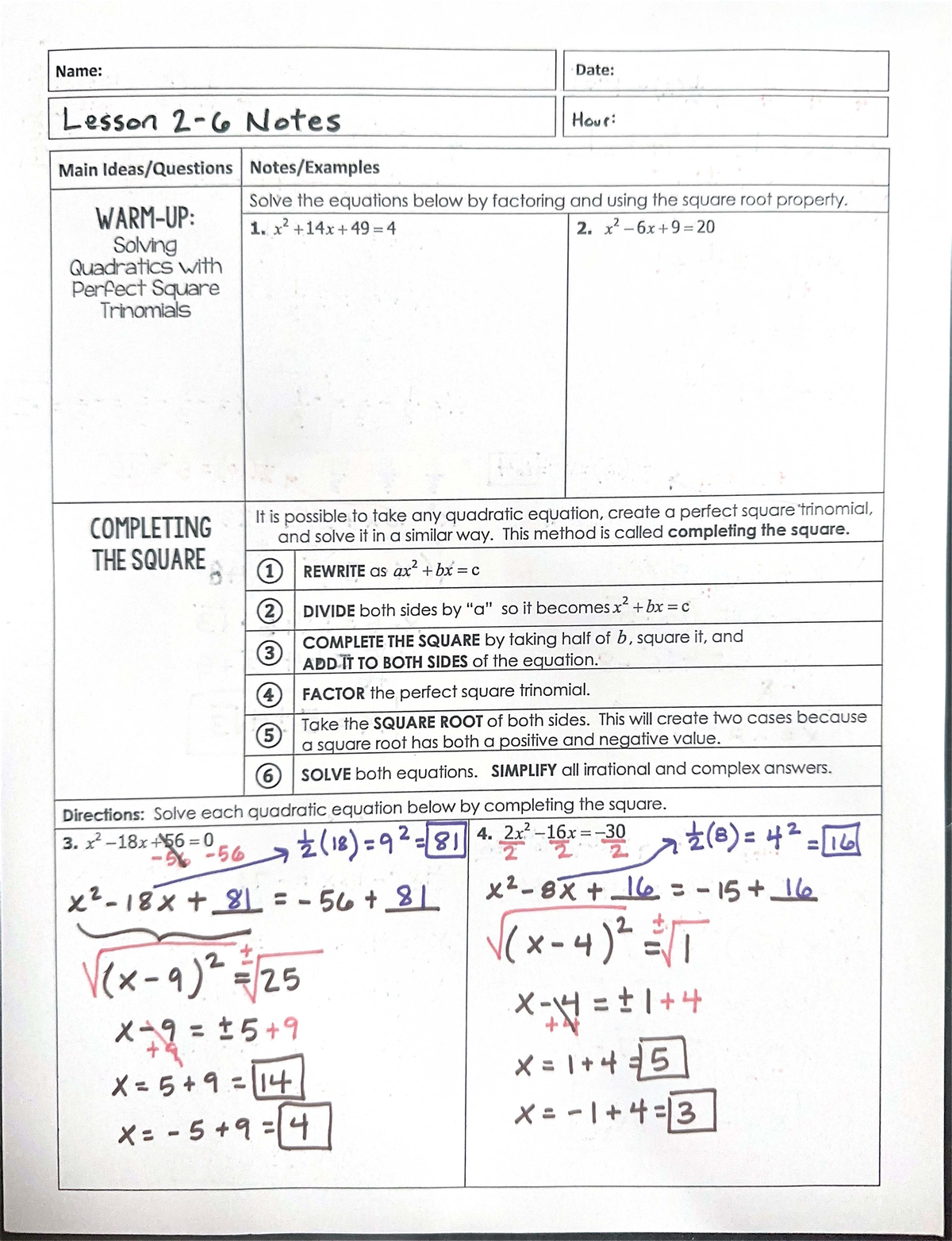 KEY Lesson 2-6: Solving Quadratics by Completing the Square - Studocu