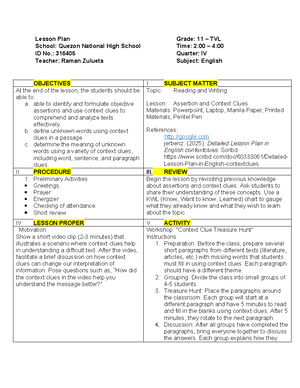 Grade 11 English Lesson Plan: Hypertext & Intertext (Quarter IV) - Studocu