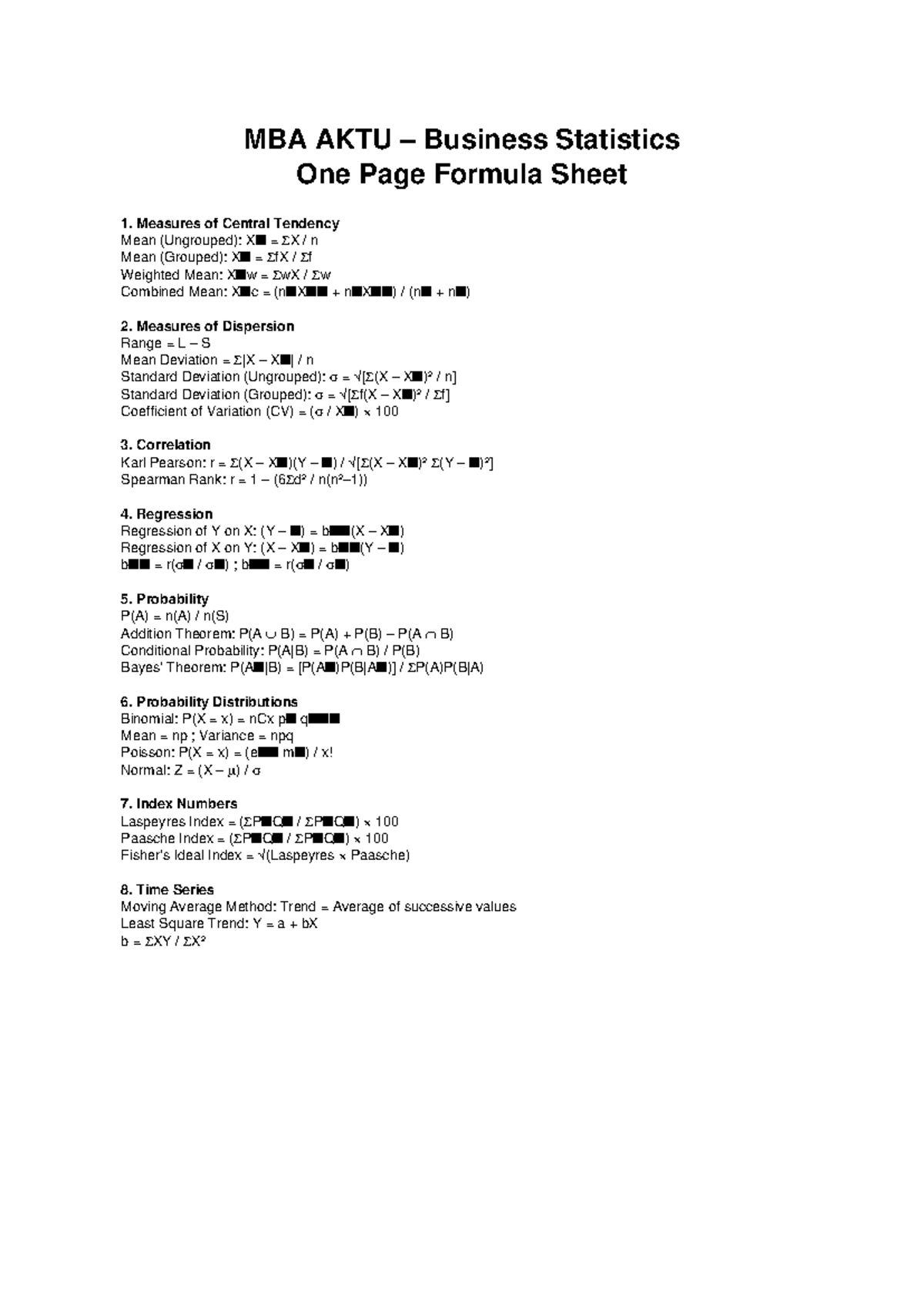 MBA AKTU Business Statistics: Essential Formula Cheat Sheet - Studocu