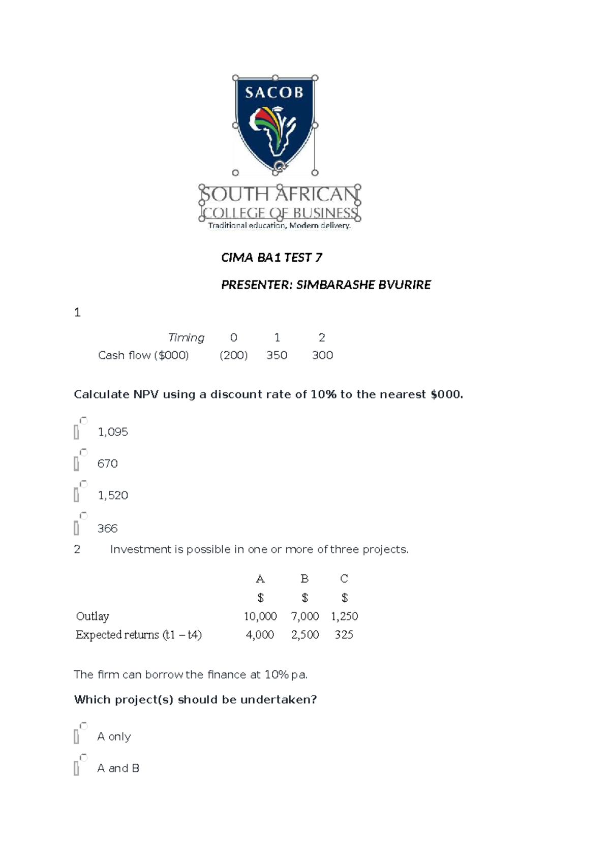 CIMA BA1 TEST 8 - NPV Calculations and Project Evaluation - Studocu