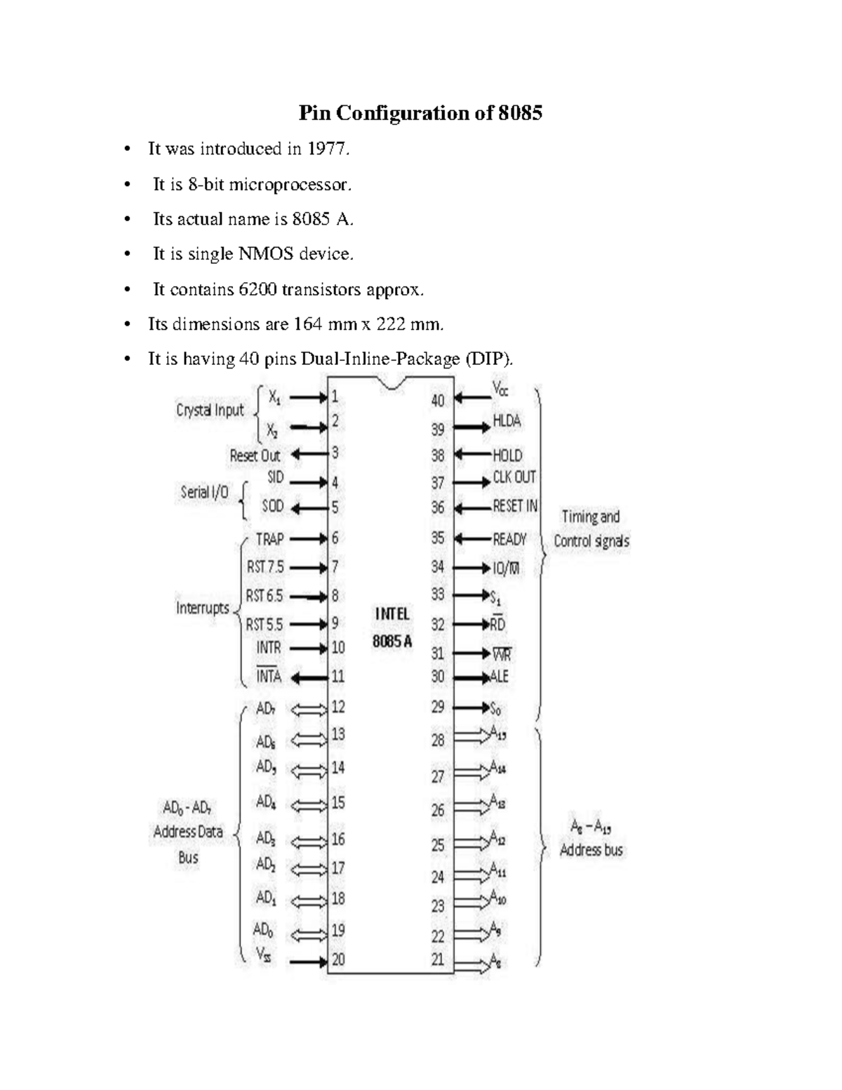 Pin Configuration of 8085 - Pin Configuration of 8085 It was introduced ...