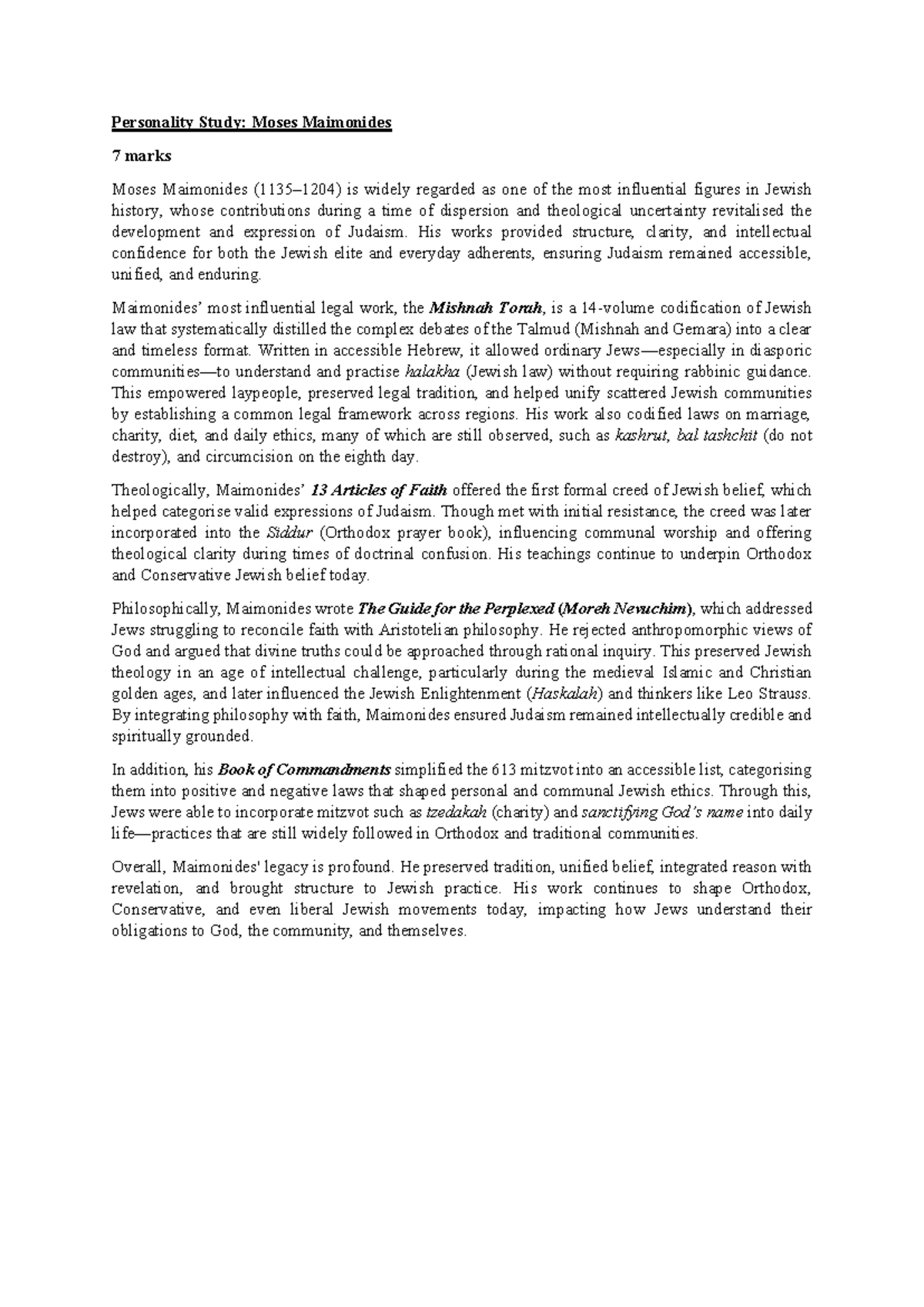 Judaism Final Exam Study Notes: Maimonides & Environmental Ethics - Studocu