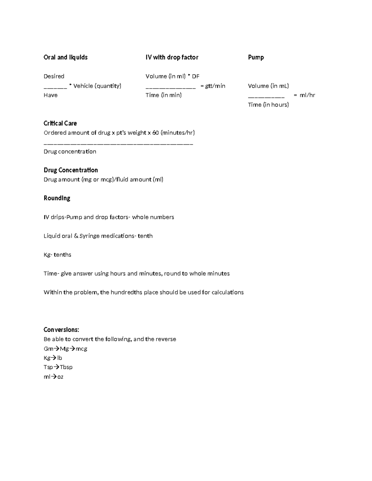 Critical Care Dosage Calculation Formulas - Practice IV & Oral - Studocu