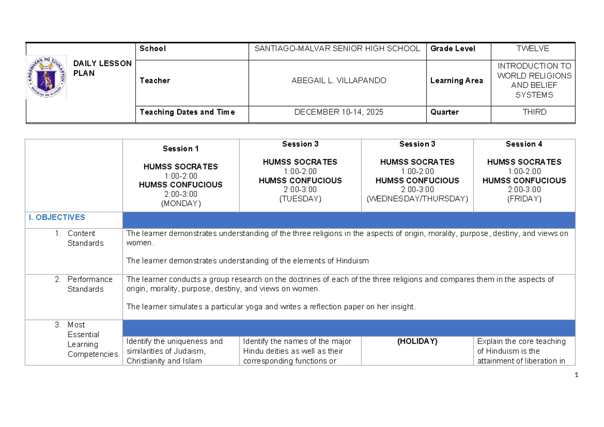 DLL - Religion - Q3 - WEEK 6: Senior High School Lesson Plan on World ...