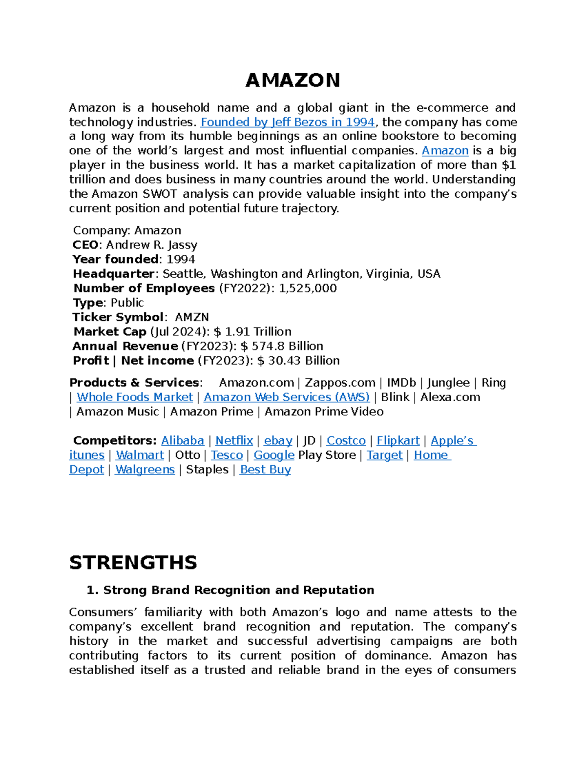 Amazon SWOT Analysis - Lecture Notes - Studocu