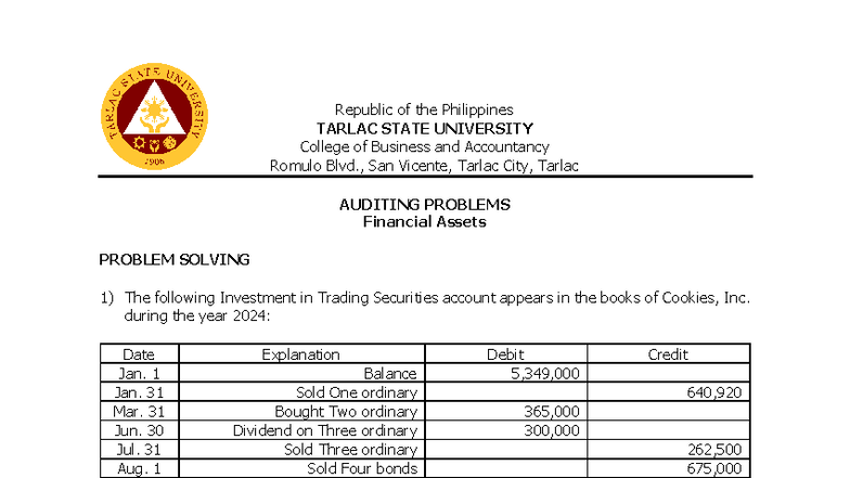 AP - Financial Assets - AUD 1 & 2 Practice Problems - Studocu