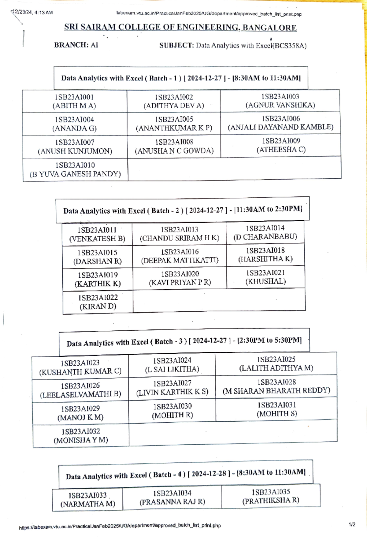 II year Practical Batch List - 12/23/24, 4:13 AM SRI SAIRAM COLLEGE OF ...