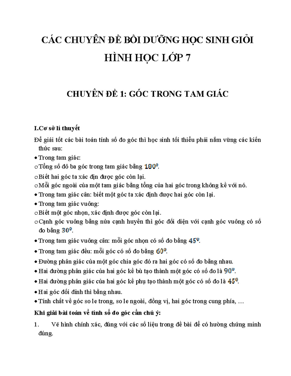 Chuyên đề bồi dưỡng Học Sinh Giỏi Hình Học 7: Góc và Tam Giác - Studocu