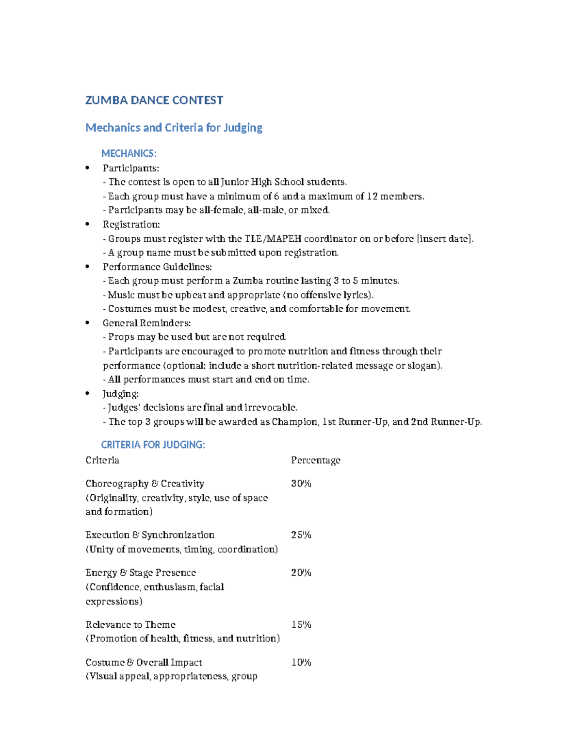 ZUMBA DANCE CONTEST Mechanics & Judging Criteria for JHS - Studocu