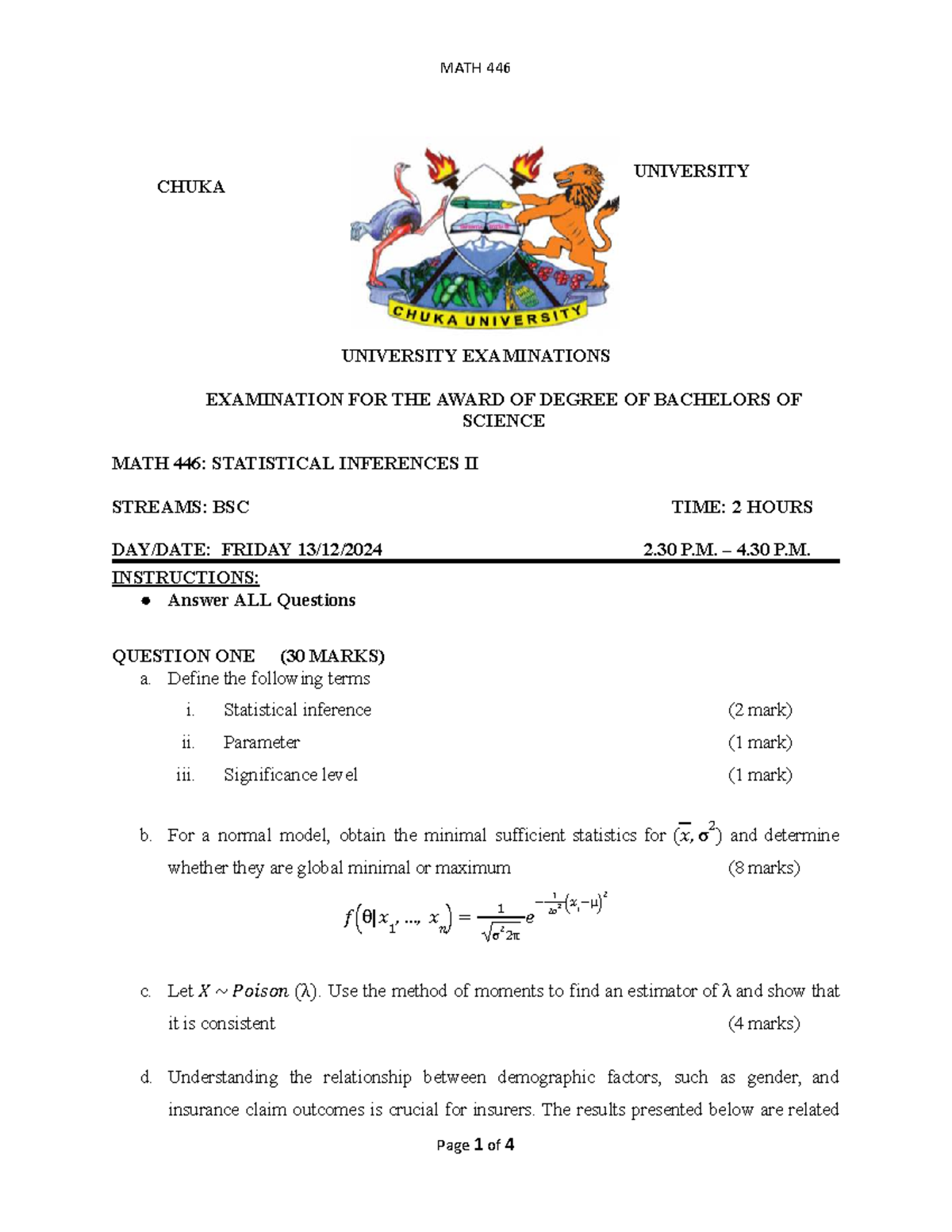 MATH 446 - Statistical Inferences II Exam Report and Analysis - Studocu