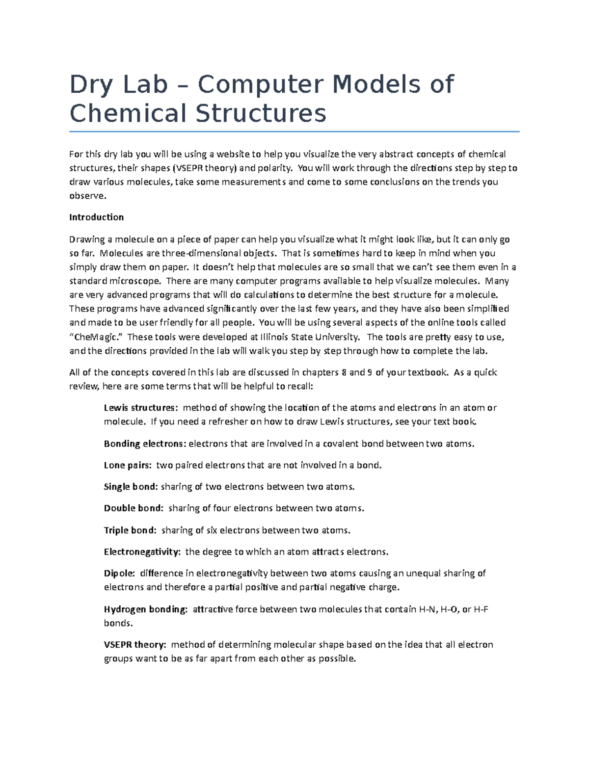 Dry Lab: VSEPR Theory & Molecular Structures via CheMagic (CHEM101 ...